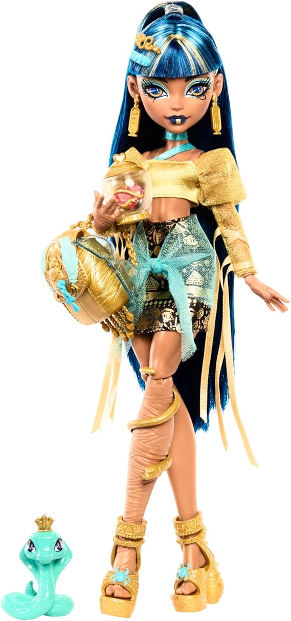 Amazon.com: Monster High Cleo De Nile Doll in Golden Blouse & Layered ...
