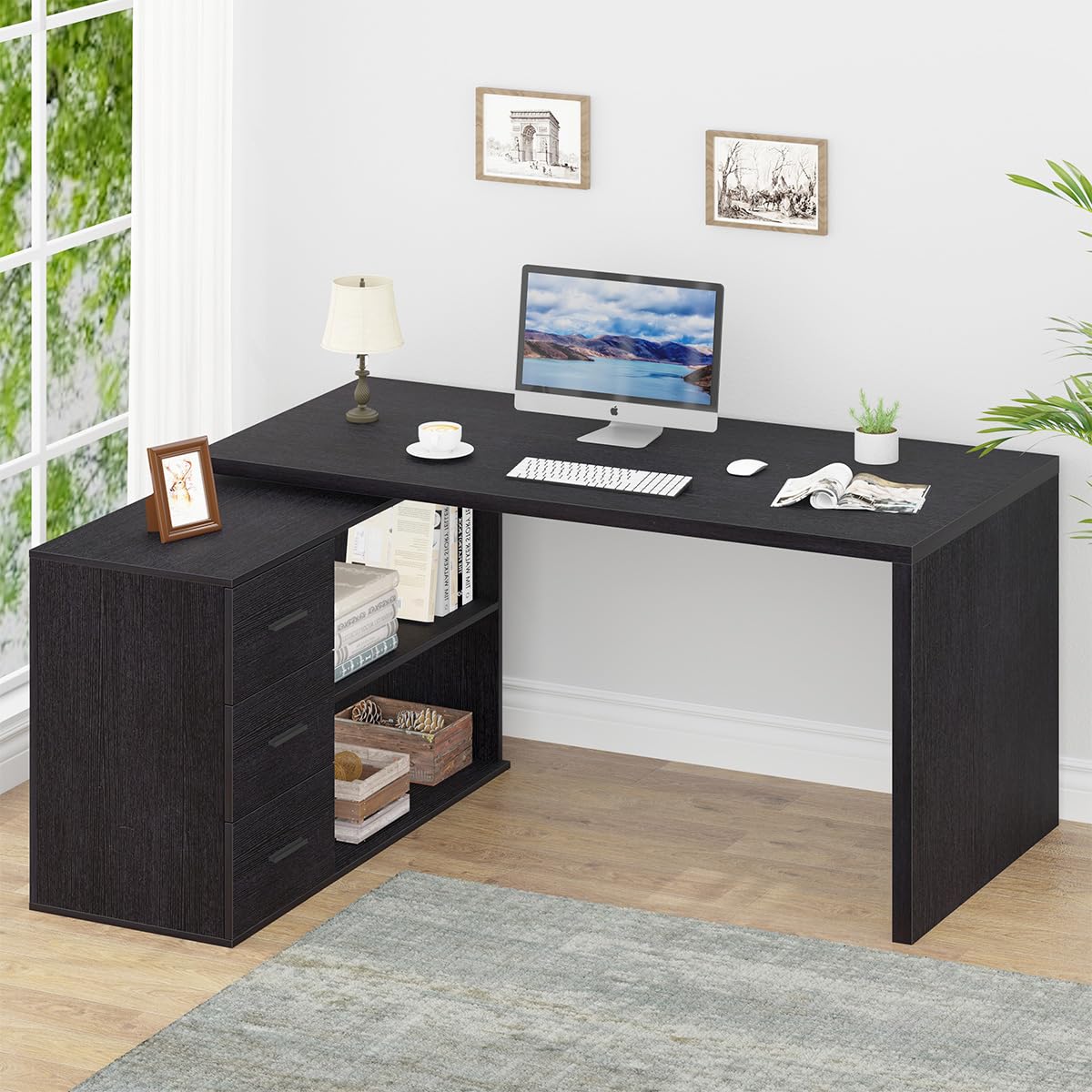 Amazon.com: HSH Black L Desk with Drawers Shelves, Large Reversible L ...