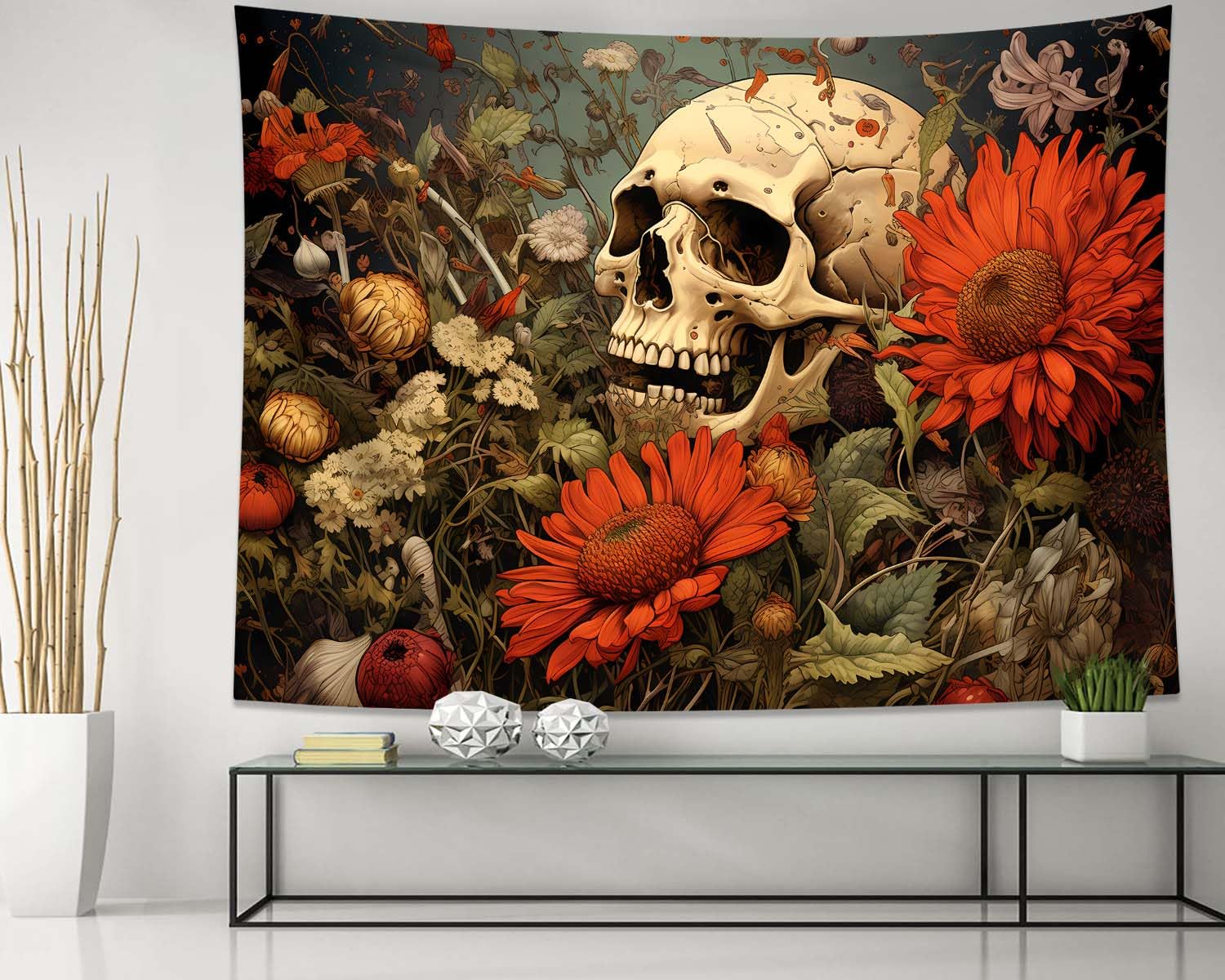 Snapklik.com : Flower Skull Tapestry, Vintage Floral Skeleton Tapestry ...