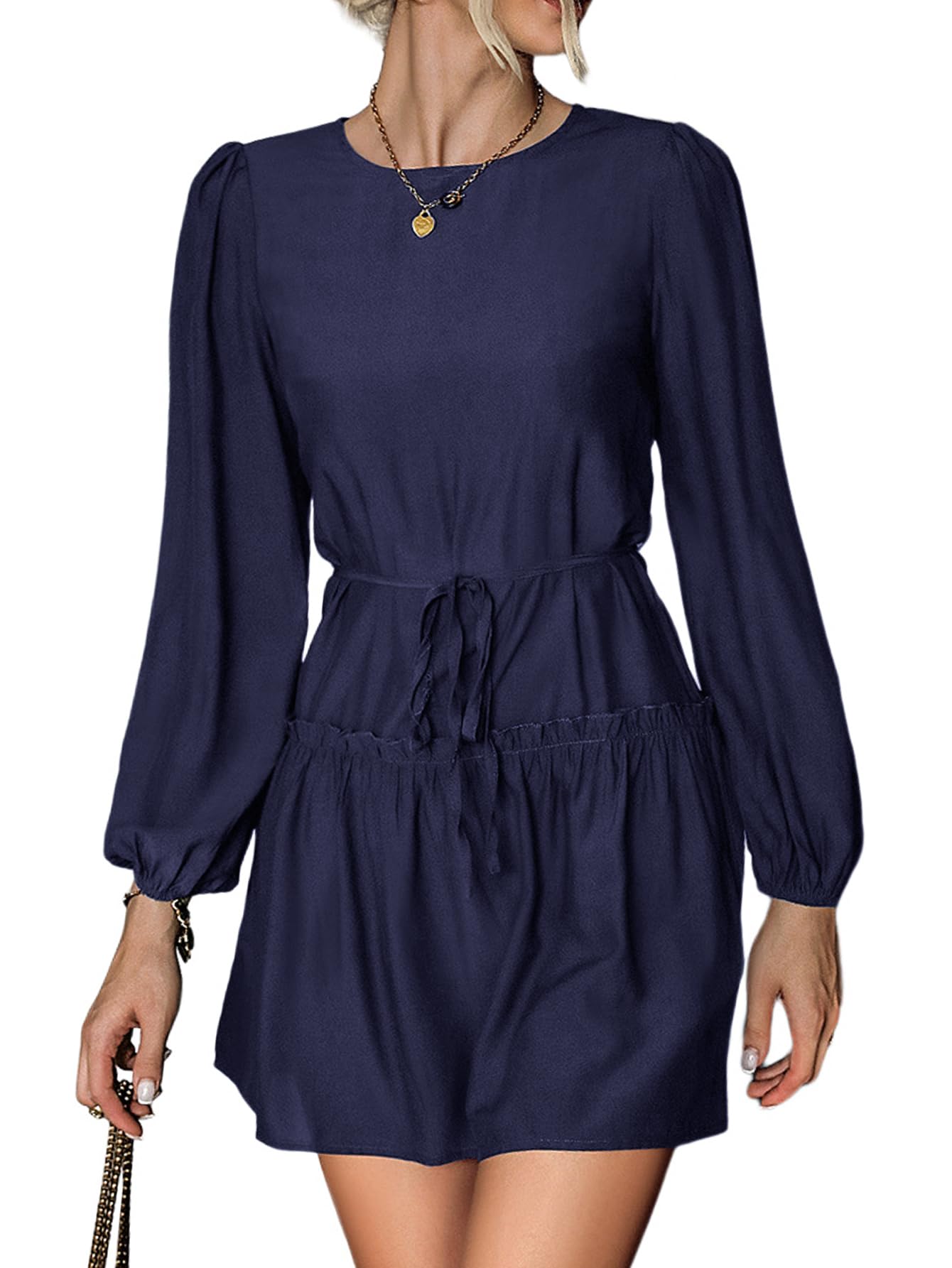 Rooscier Women's Lantern Long Sleeve Tie Waist Round Neck Frill Elegant ...