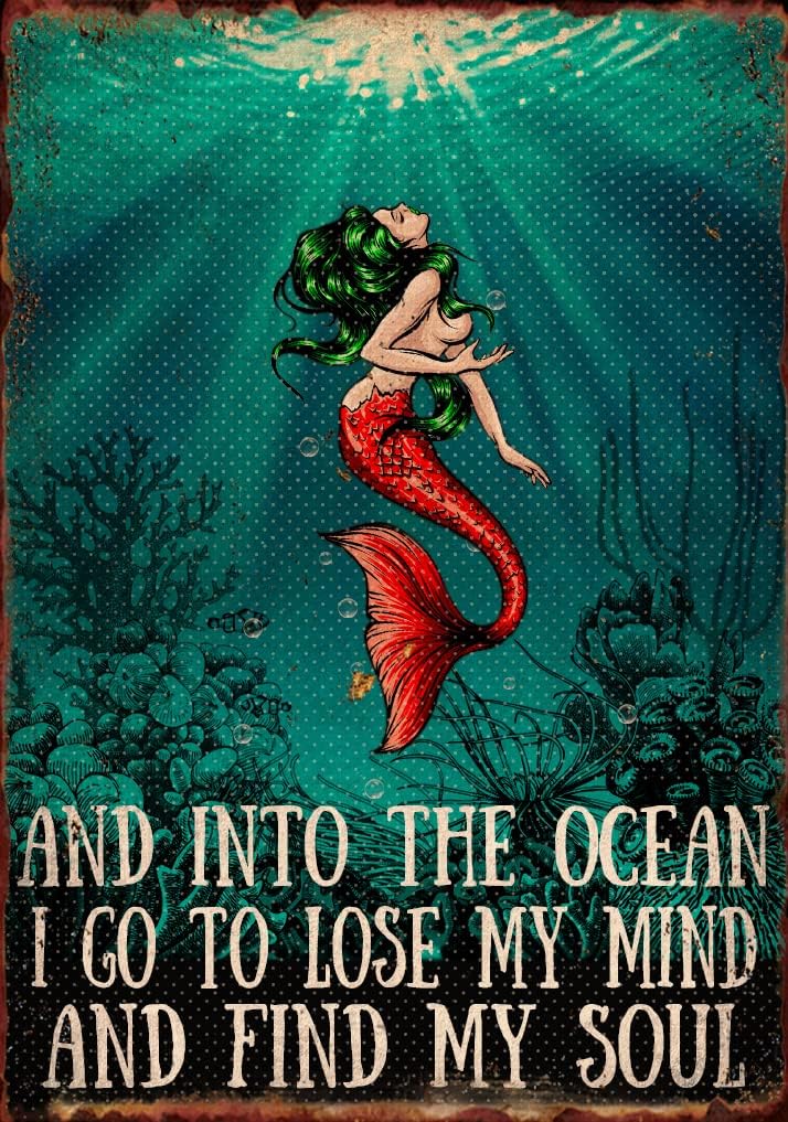 Amazon.com: Lilenyu Mermaid Decor Vintage Tin Signs and Into The Ocean ...