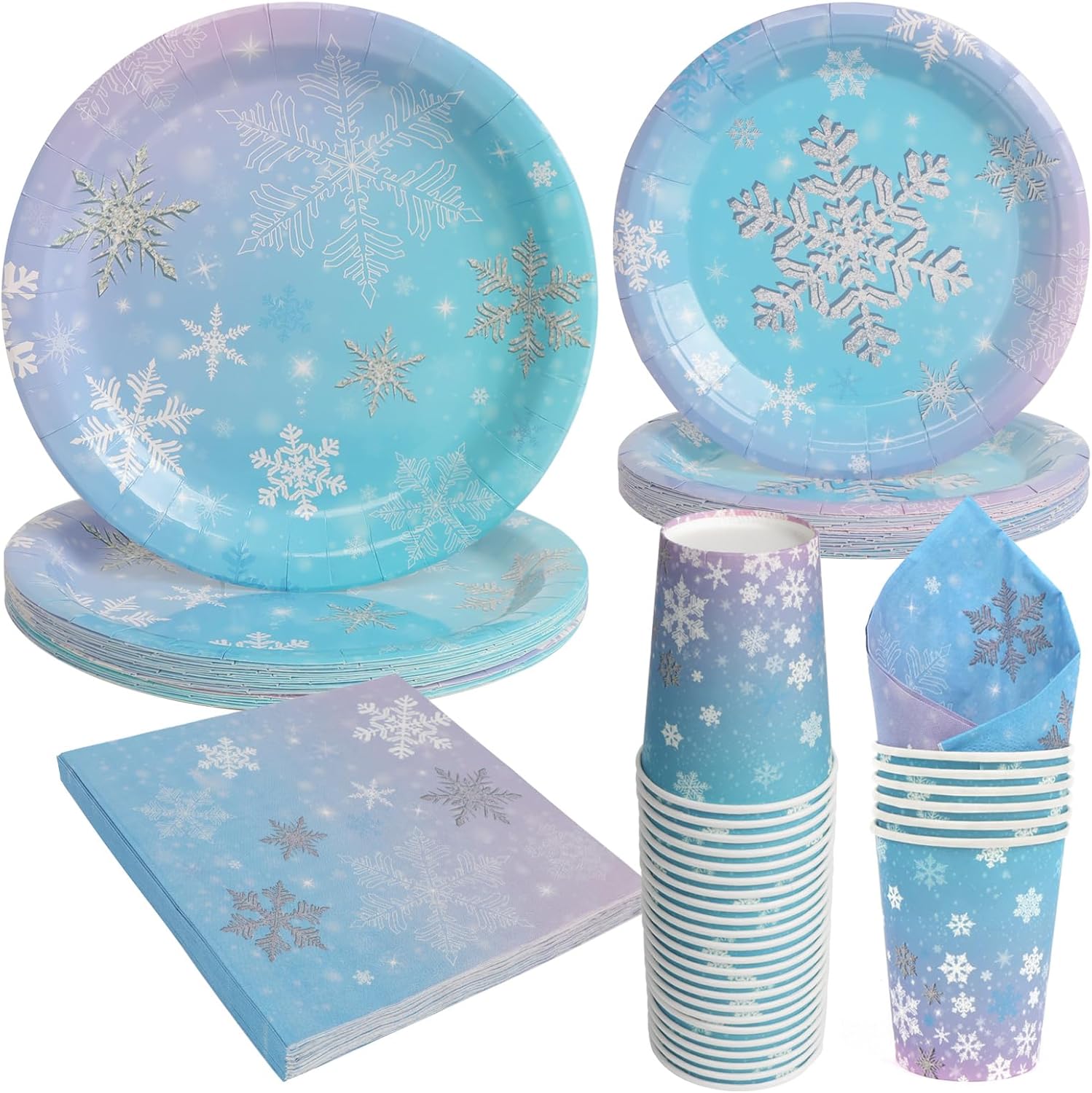 PARTY GO 96pcs Snowflake Tableware Set Winter Wonderland Disposable ...