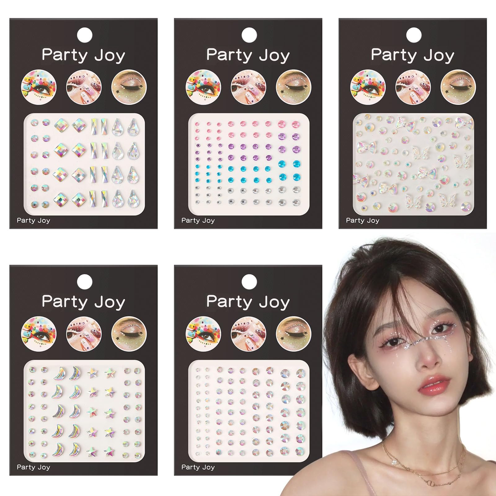 Amazon | Neiang ラインストーン シール 5枚セット フェイスステッカー 3D 光る ラインストーン デコシール 貼り付け可能 クリスタル キラキラ シール 顔面デコ デコパーツ ...