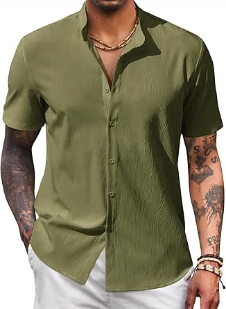 Amazon.com: COOFANDY Men's Casual Button Down Short Sleeve Shirt Band Collar Shirts Textured ...
