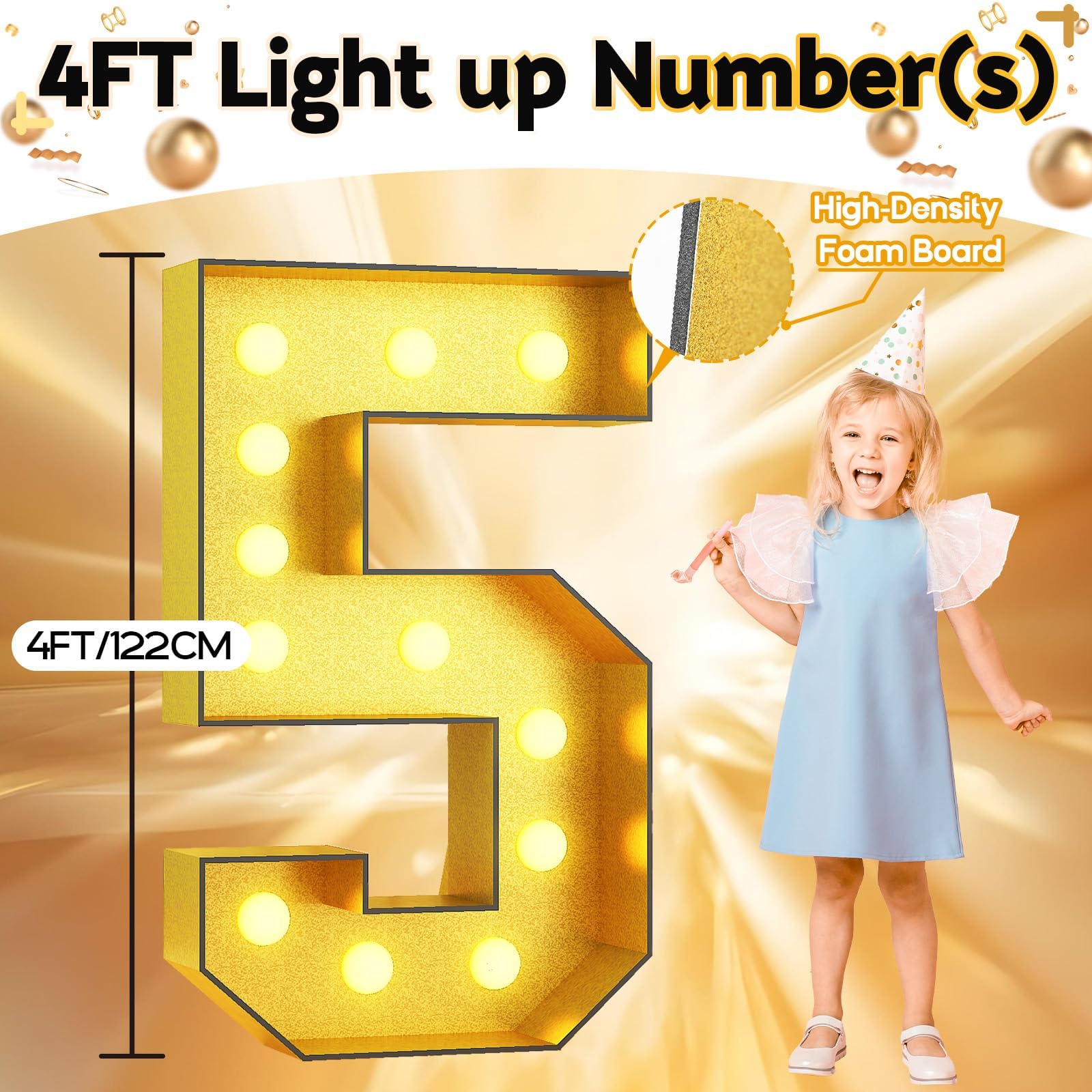 Snapklik.com : 4FT Large Light Up Numbers 5, Gold Number 5 Marquee ...