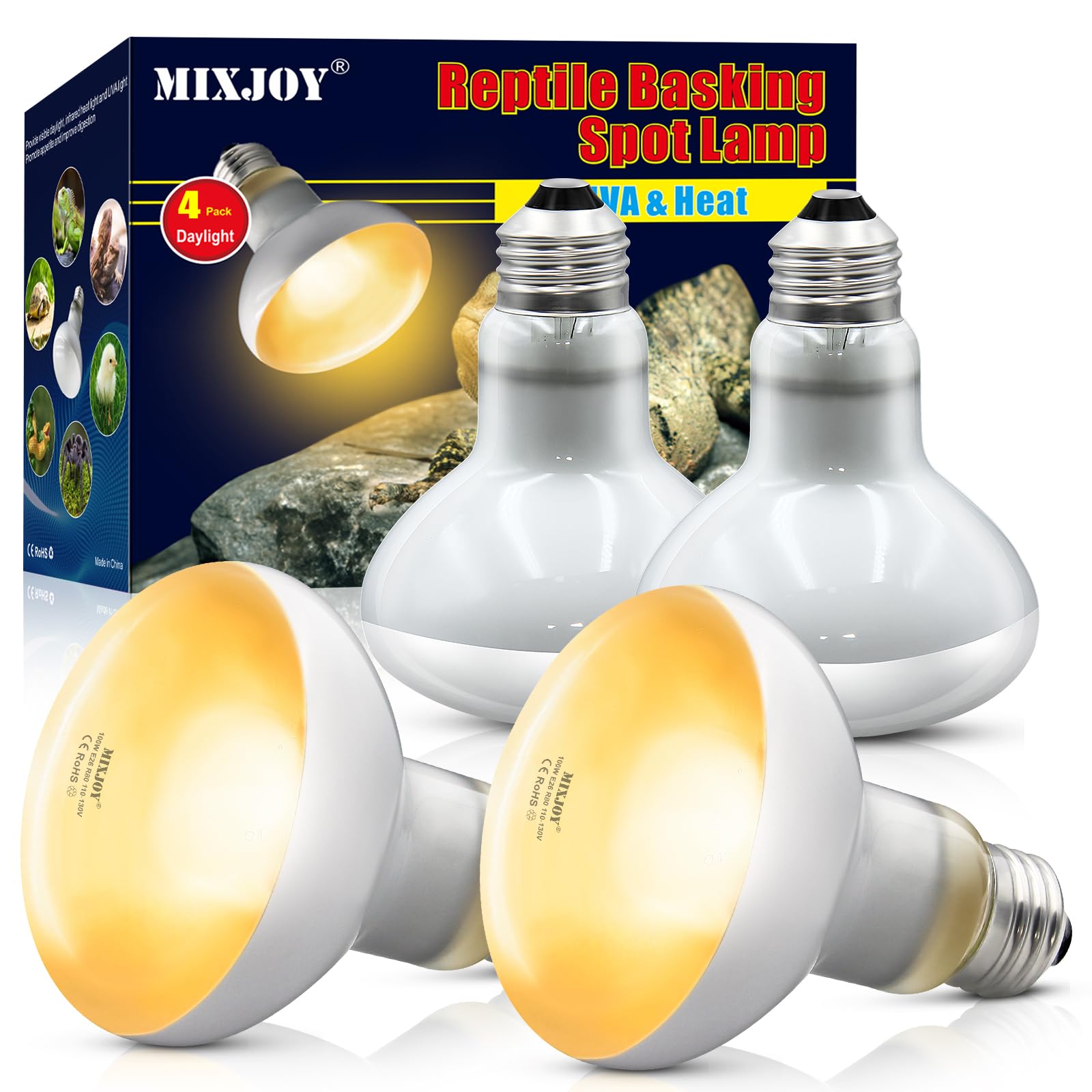Amazon.com: MIXJOY 4 Pack 100W Reptile Heat Lamp, Upgraded UVA Daylight ...