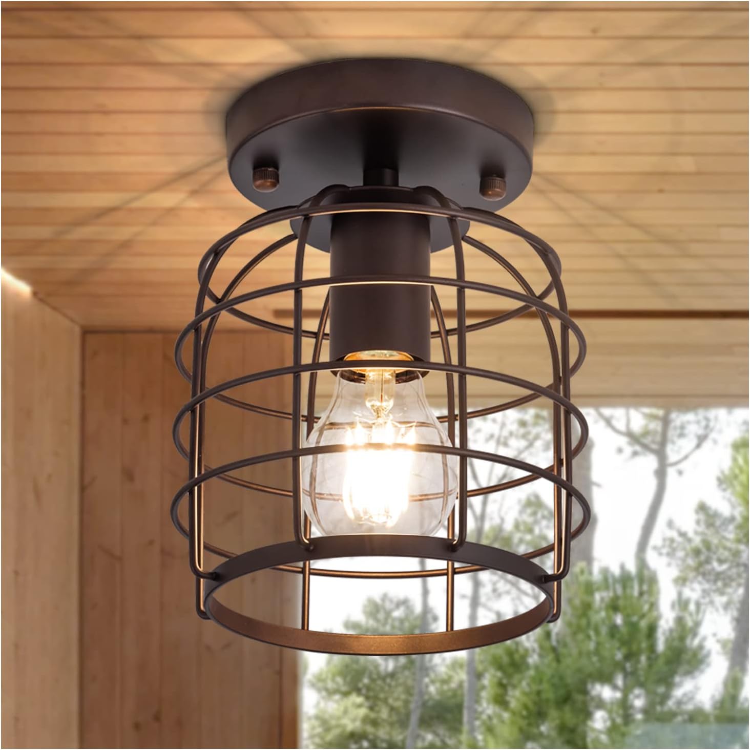 Retro Cage Ceiling Light Fixture, Industrial Mini Semi Flush Mount ...