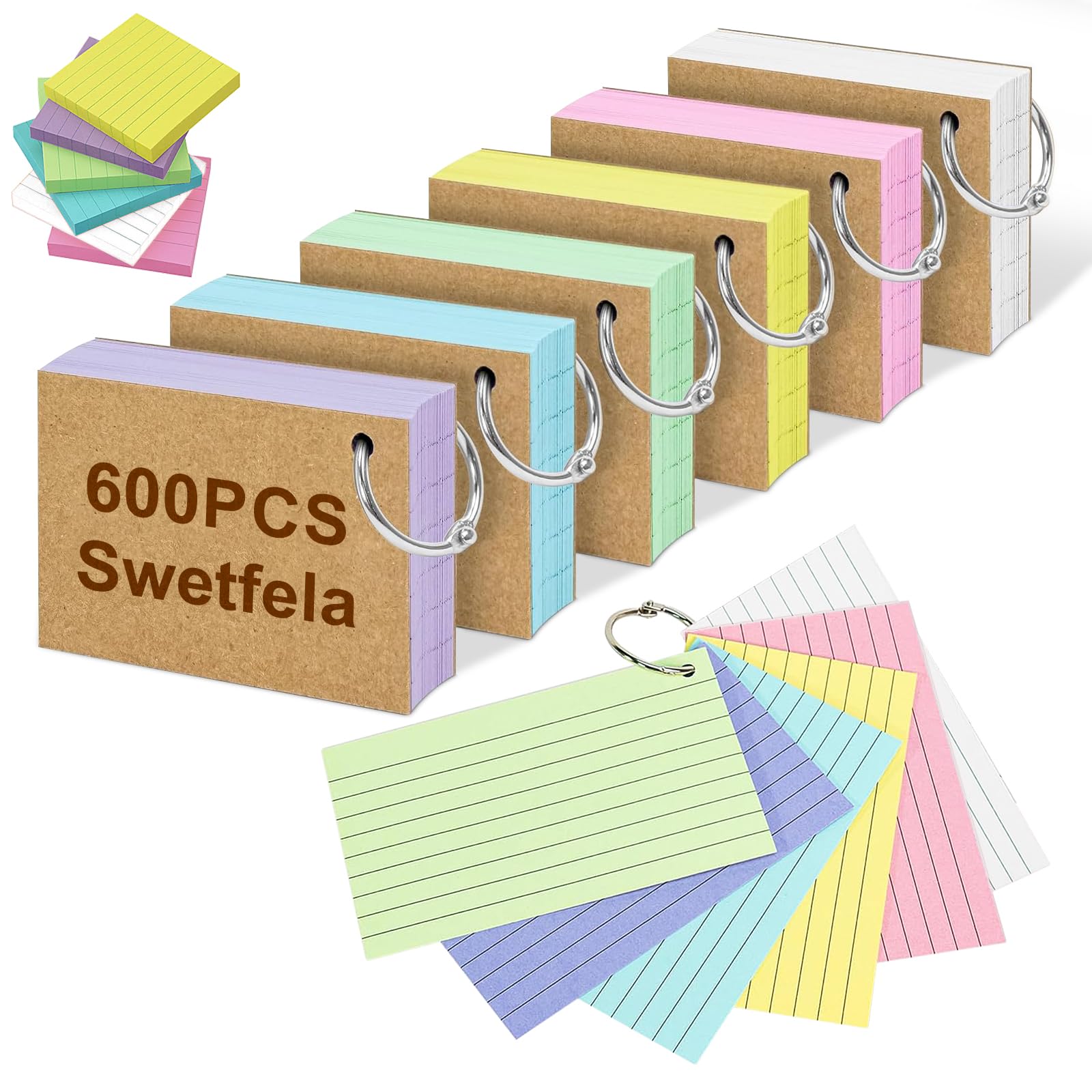 600 Pcs Flash Cards, A6 Multicoloured Flashcards, Revision Cards with ...