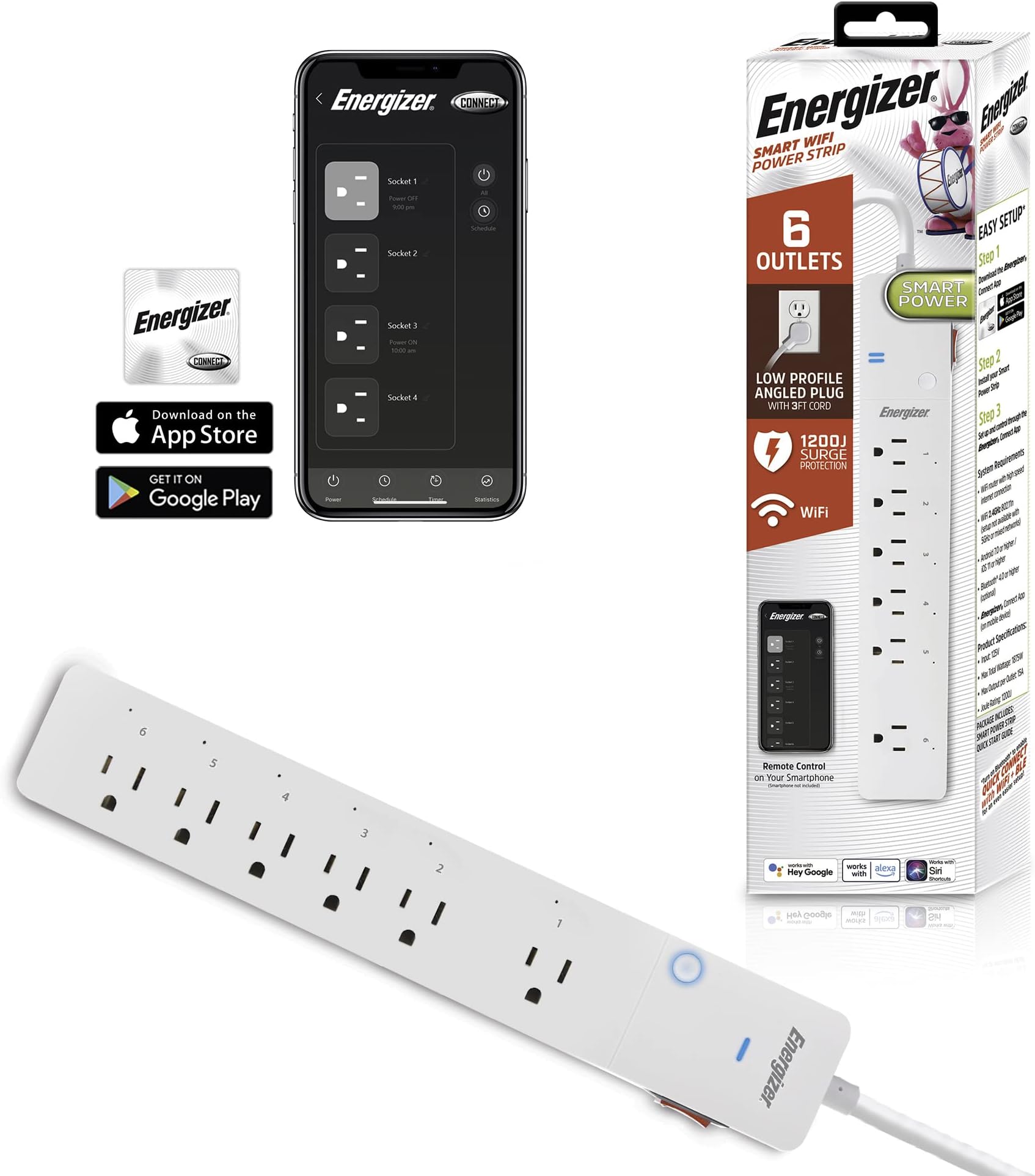 Amazon.com: Energizer Connect 6 Outlet Smart Surge Protector, 1,200 ...
