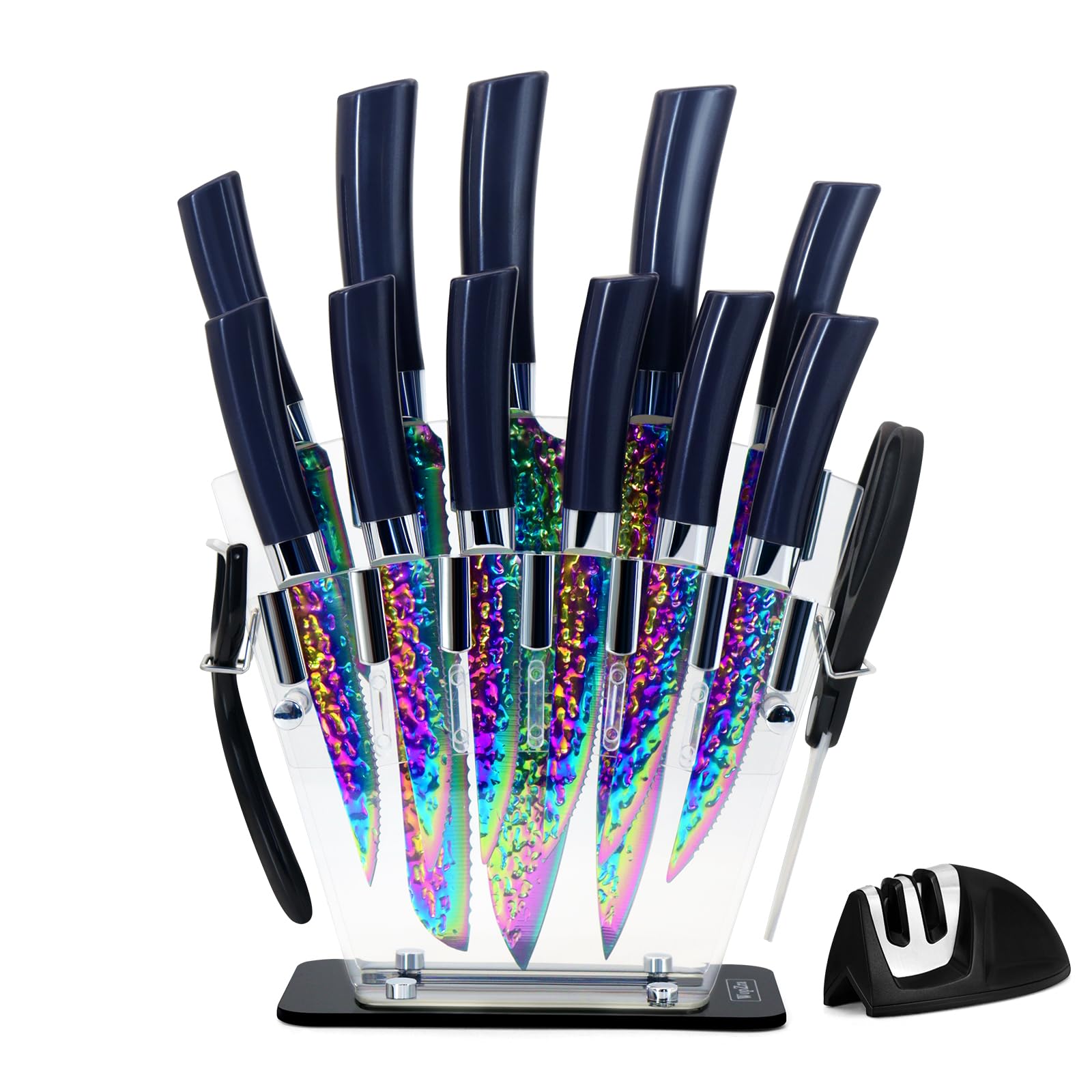Amazon.com: 15pcs Blue Kitchen Knife Set, Rainbow Titanium Knife Block ...
