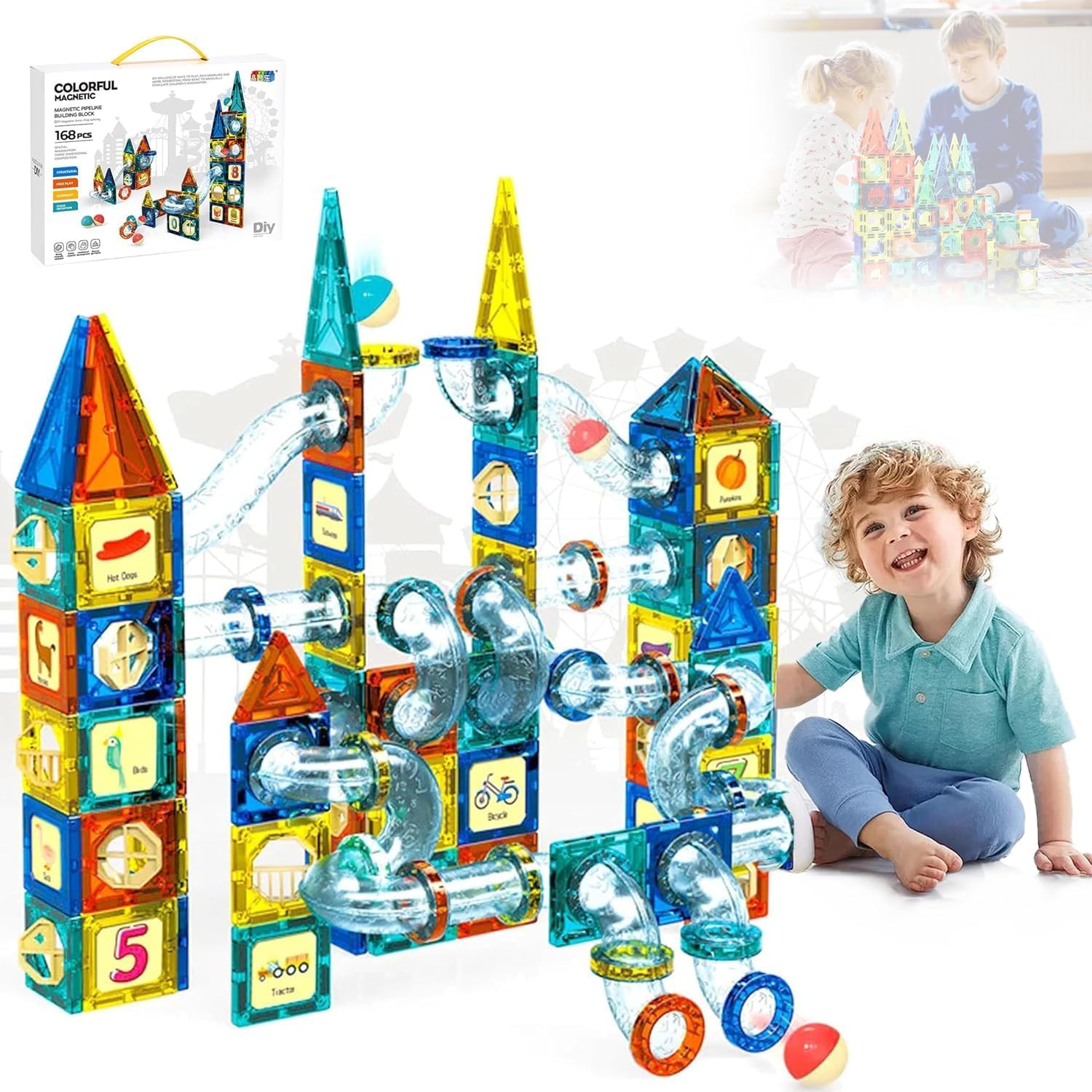 168 Pcs Magna tiles pipeline Kids Toy Set Magnetic 3D Building Blocks ...