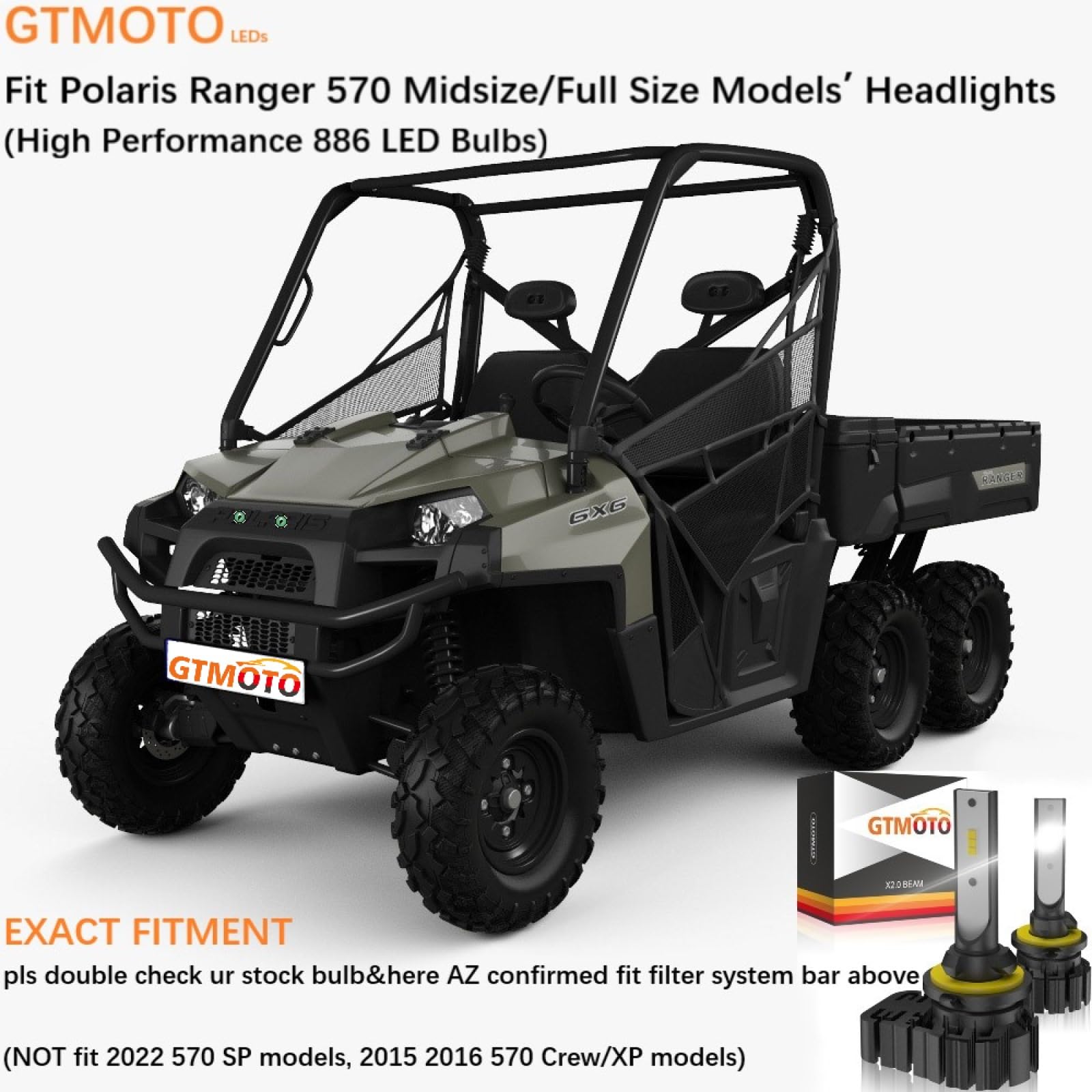 886 LED for Polaris Ranger 500 570 Full Size Midsize Headlights ...