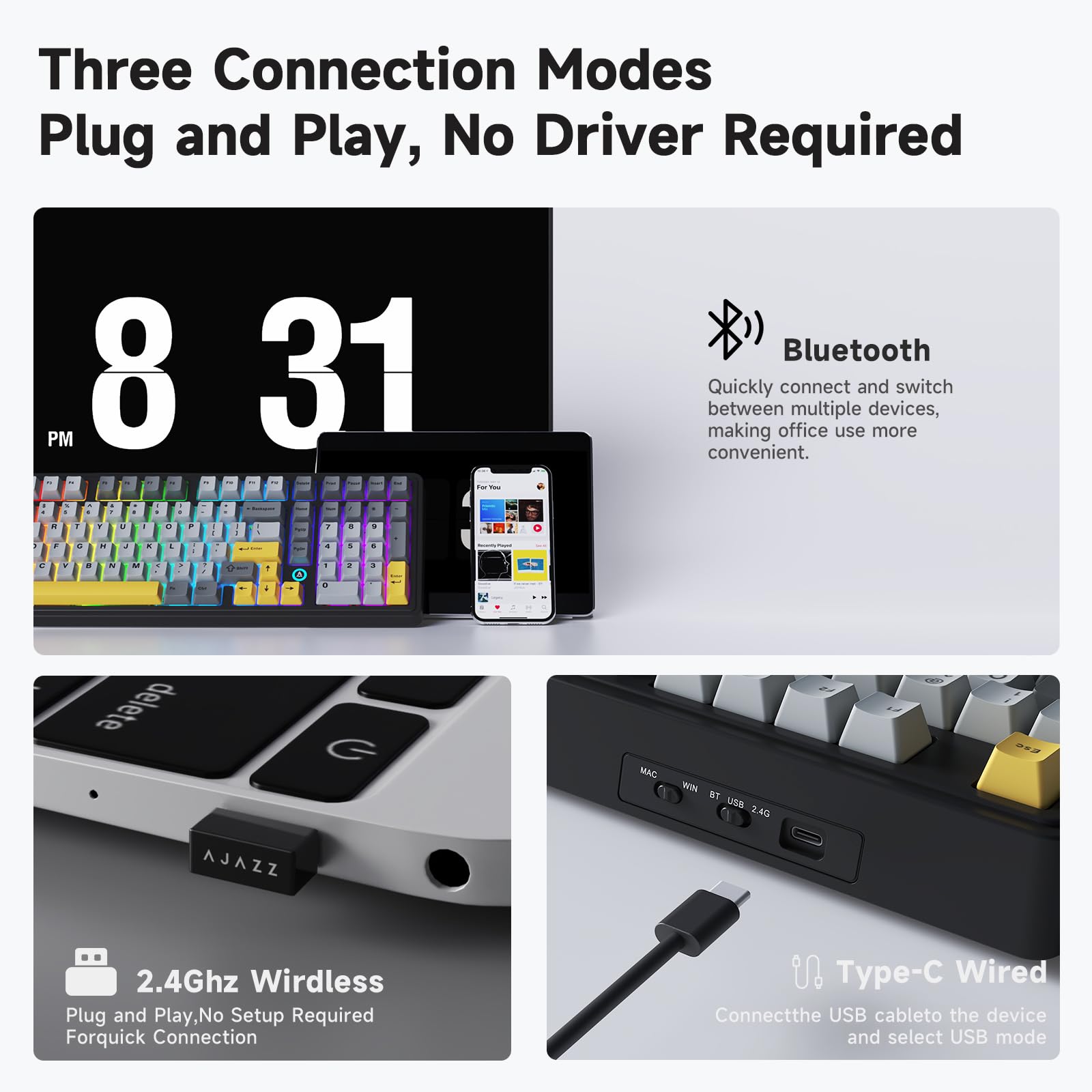 Snapklik.com : NACODEX Ajazz AK980 Grey Yellow Wireless Mechanical ...