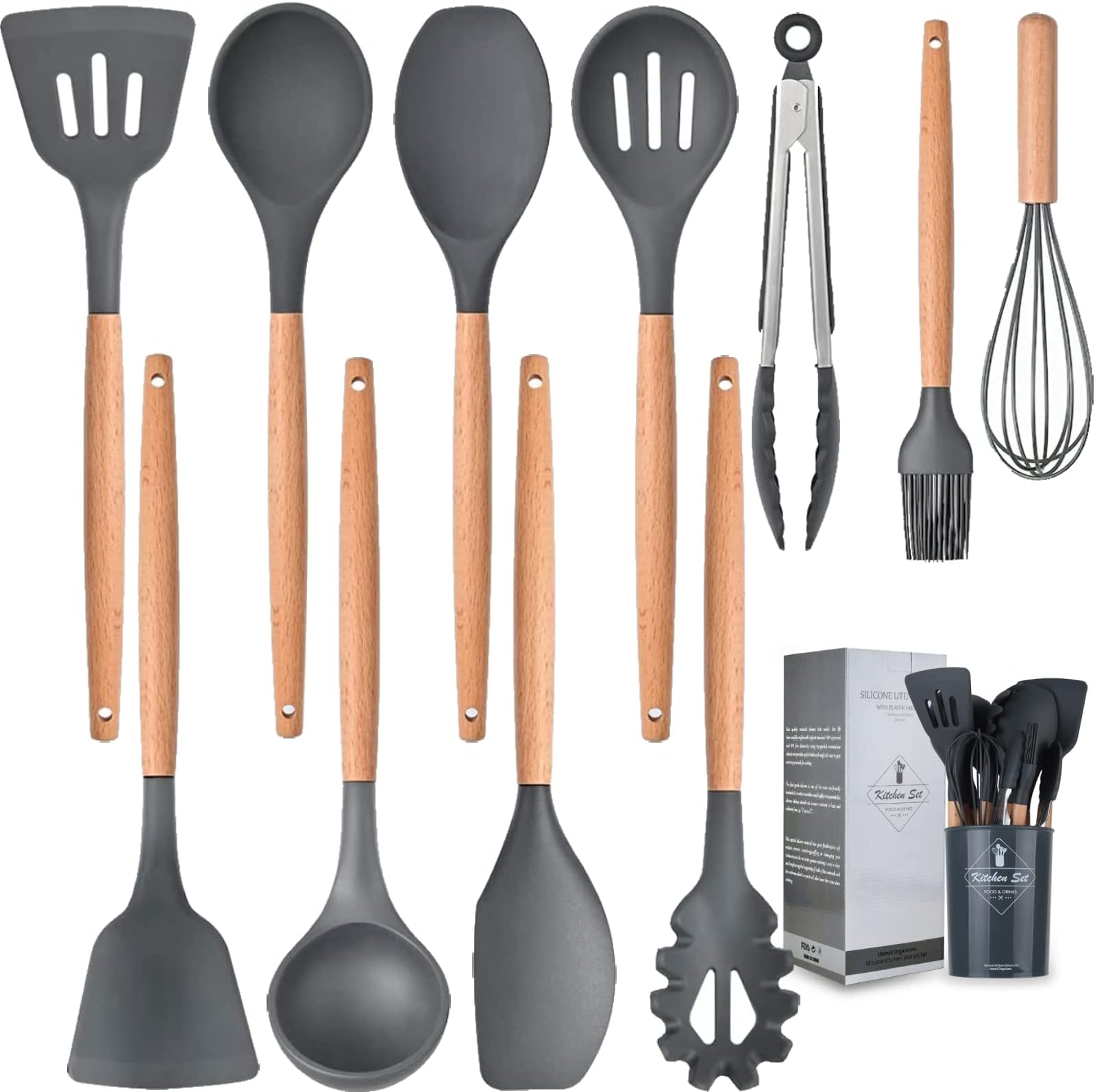 Amazon.com: Kitchen Utensils Set - 12 pieces Silicone with wooden ...