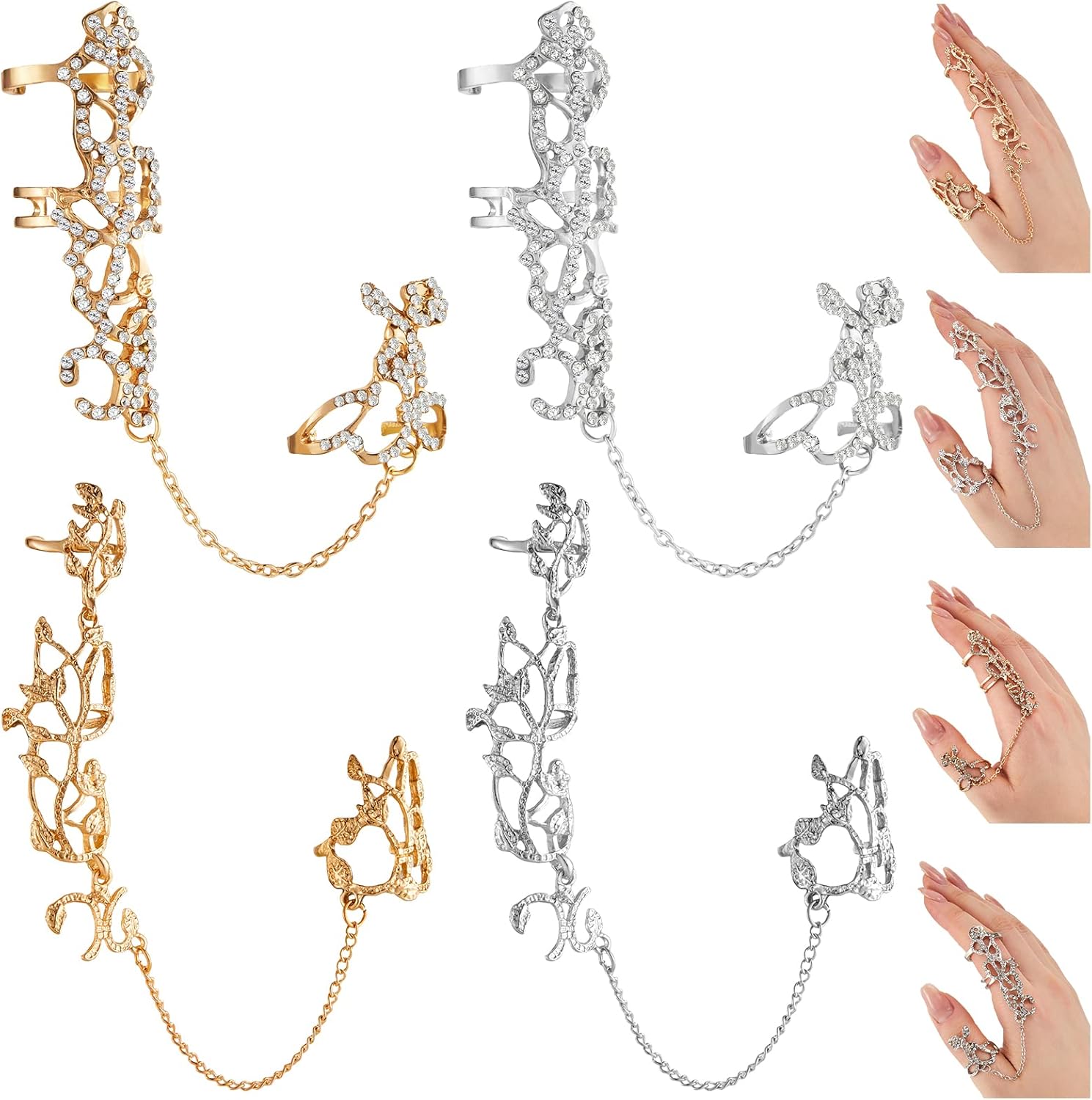 Amazon.com: Sureio 4 Pcs Leaf Full Finger Rings Bracelet Gold Silver ...