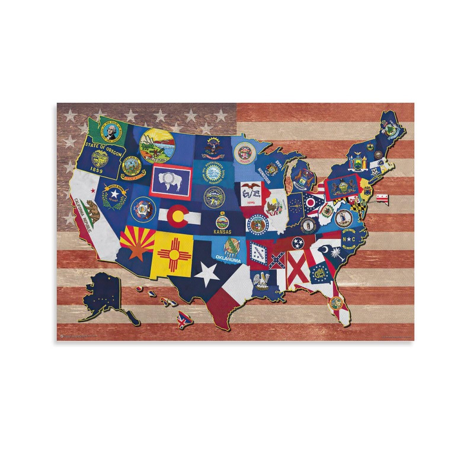 Amazon.com: USA State Flags And American Flag Map Poster Print Wall Art ...