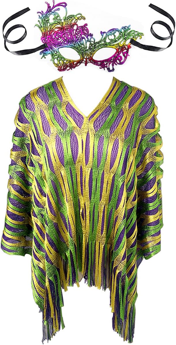 Amazon.com: MERRYJULY Mardi Gras Poncho Outfit For Women with Mask ...
