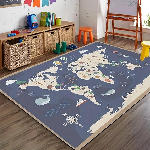 Bycmuoz Cartoon Nautical World Map Area Rug, 100x150cm, Coastal Compass Ocean Island Animal ...