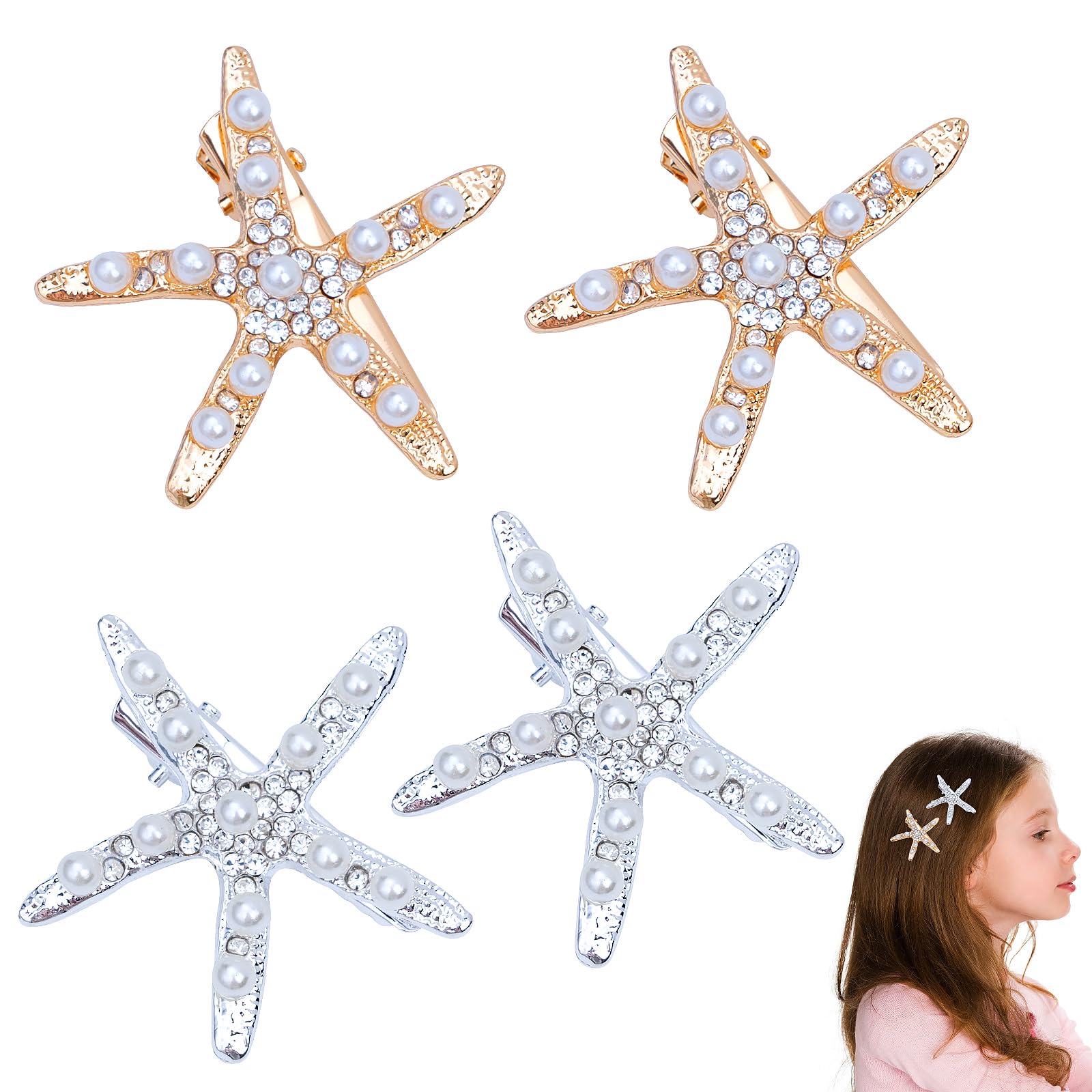 4Pcs Mermaid Hair Accessories, Pearl Starfish Rhinestones Hair Clips ...