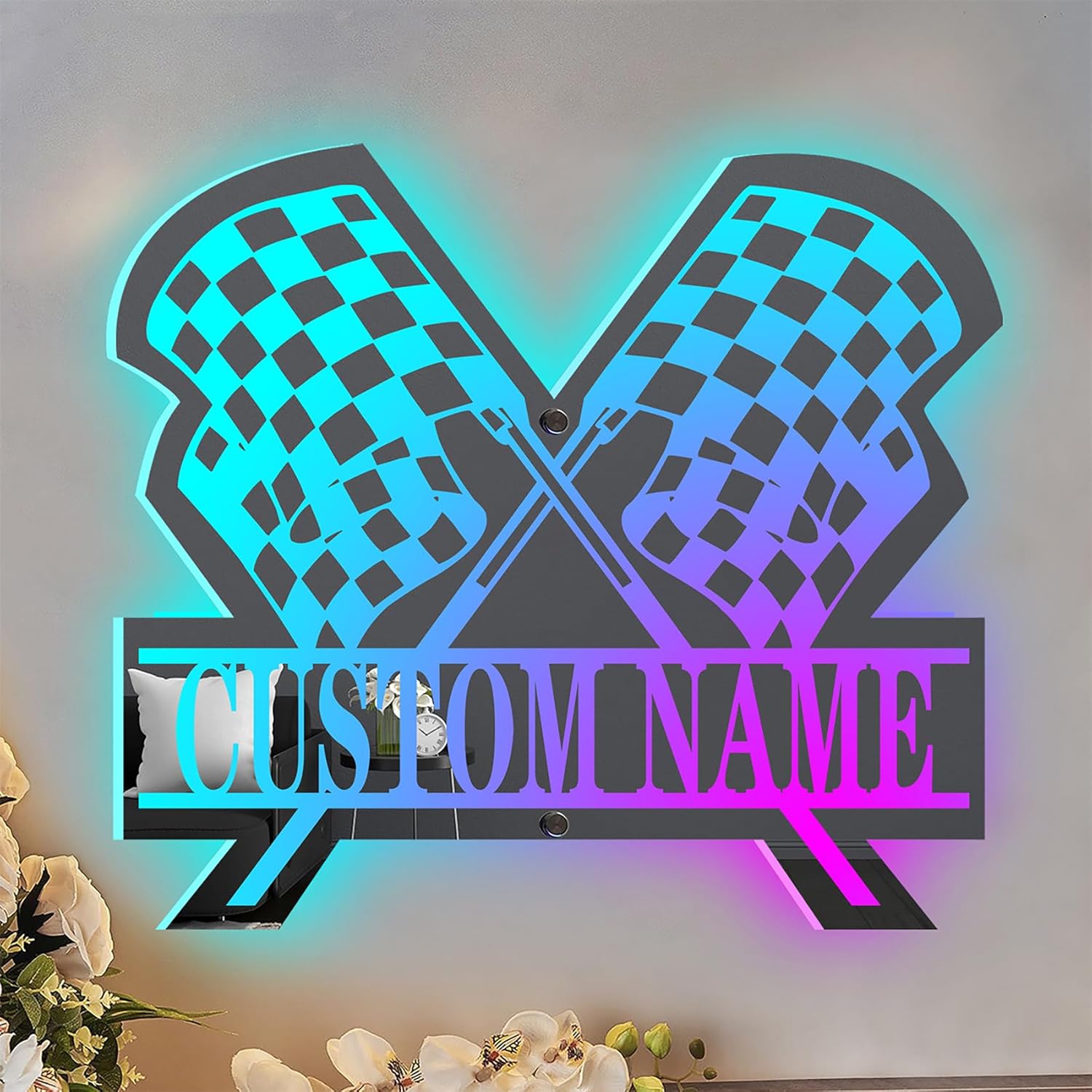 Amazon.com: Tammnjo Personalized Racing Flag Mirror LED Light Custom ...