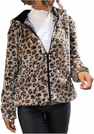 Women Fleece Lined Leopard Print Hoodies Casual Long Sleeve Zip Up ...