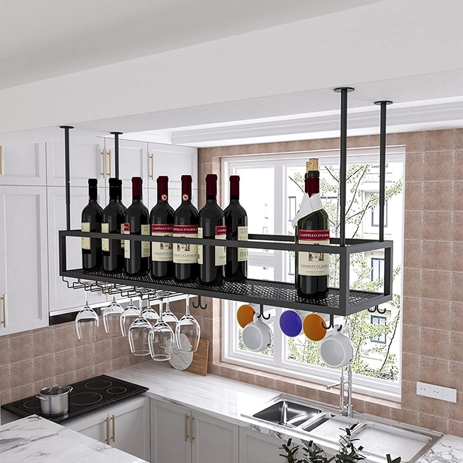 Amazon.com: BTZHY Ceiling Wine Rack with Glass Holder, Wine Storage ...