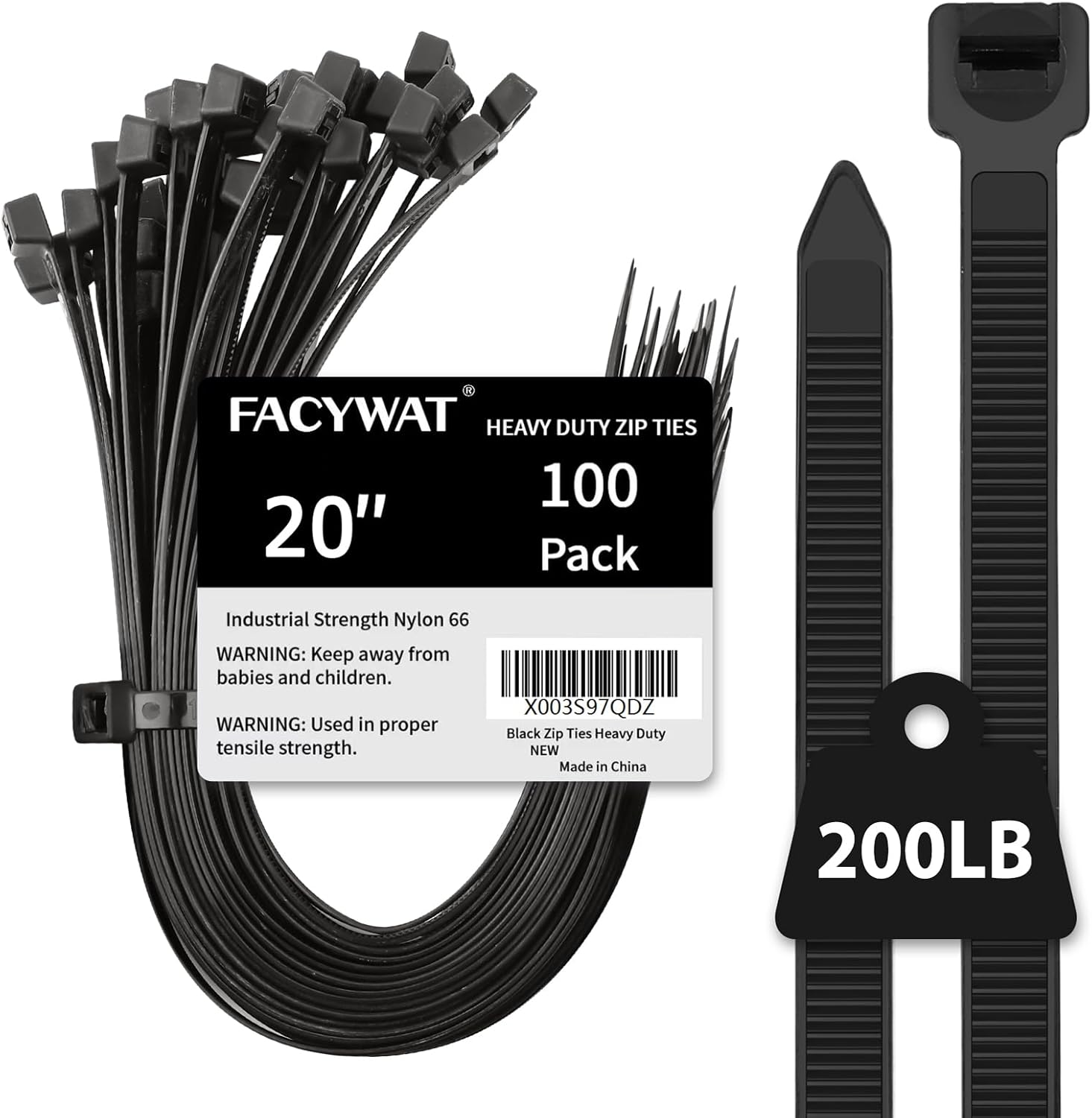 Amazon.com: 20 inch Black Zip Ties Heavy Duty Outdoor100 PACK, 200 LBS ...