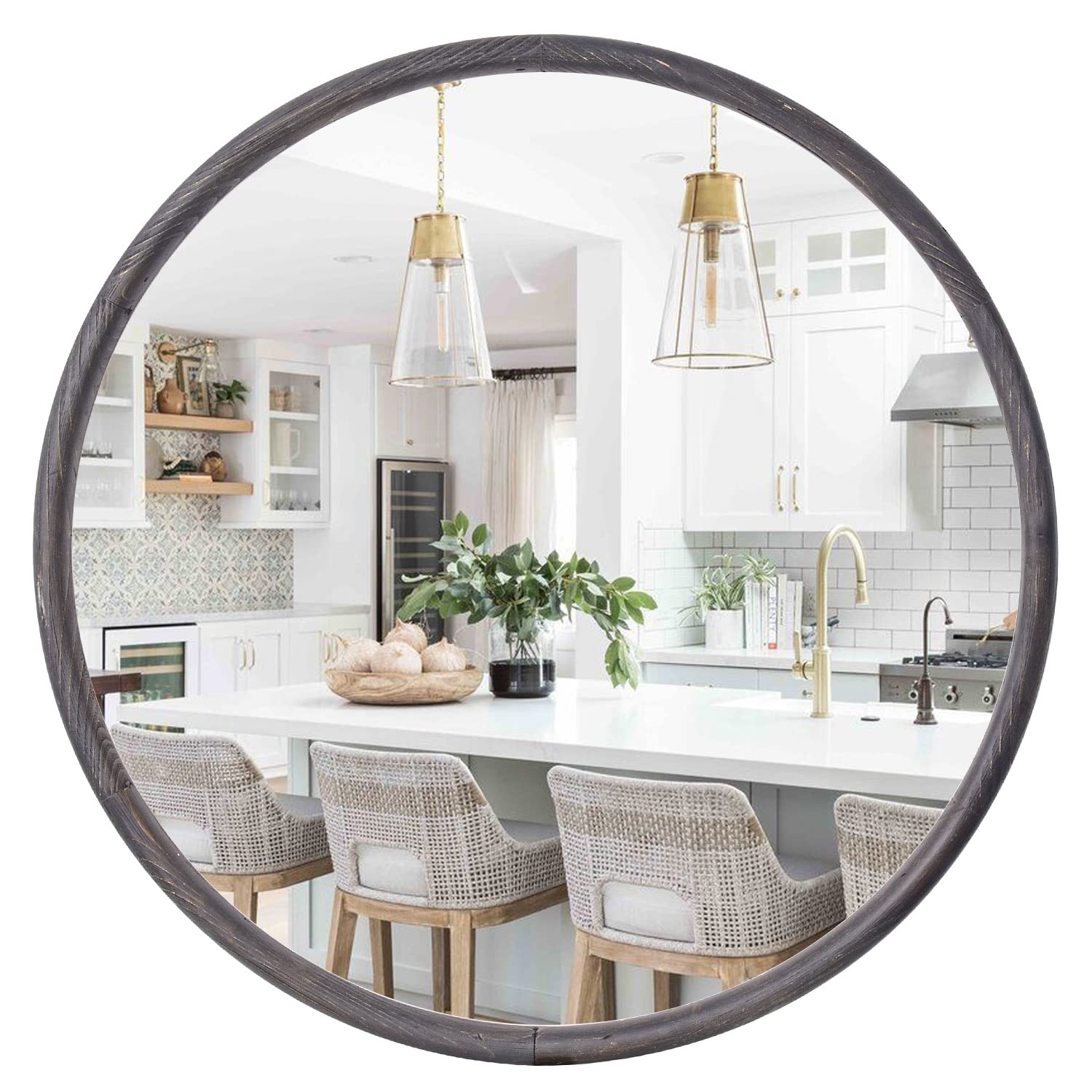 sawsile Natural Wood Mirror 24" Decorative Rustic Large Circle Mirror ...