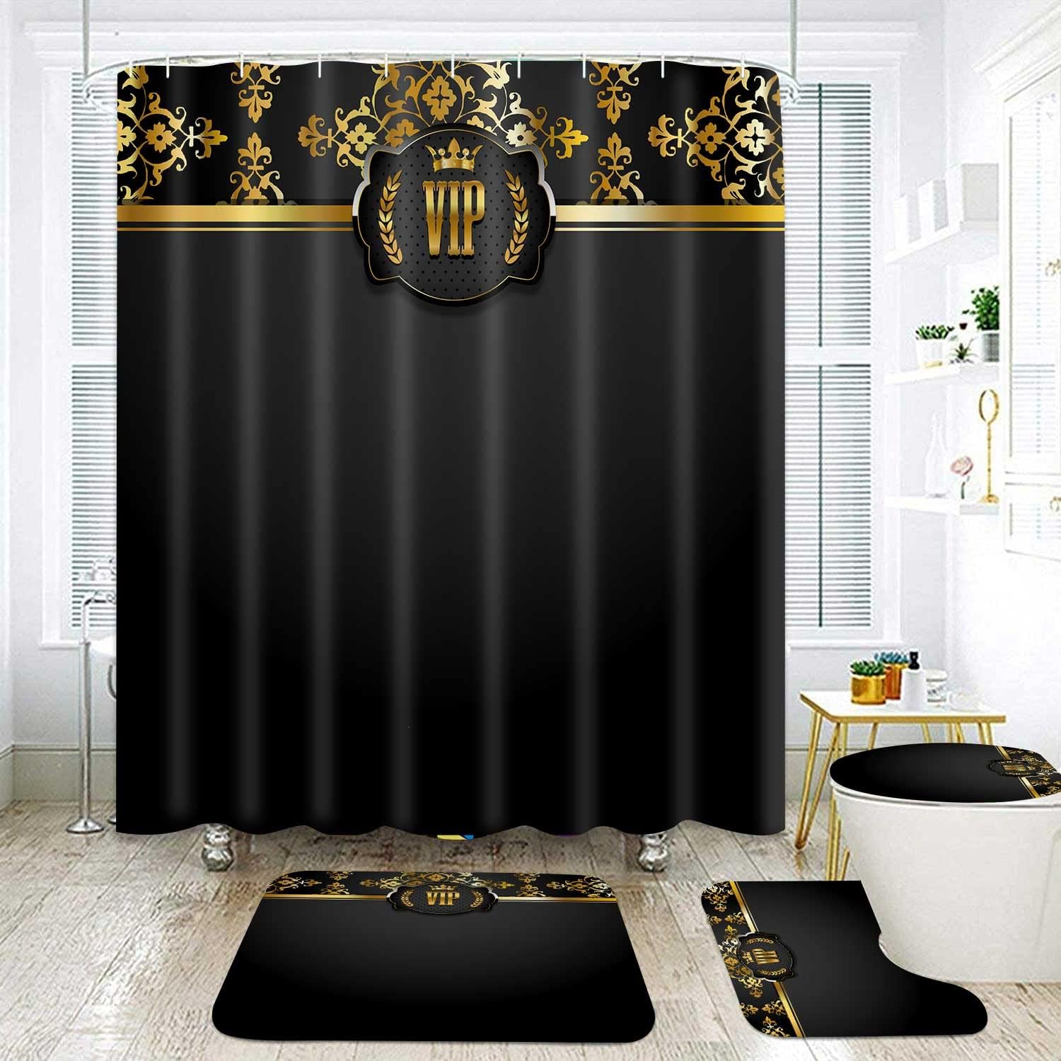 Amazon.com: NTETSN 4 Pcs Black Gold Shower Curtain Sets, Golden Crown ...