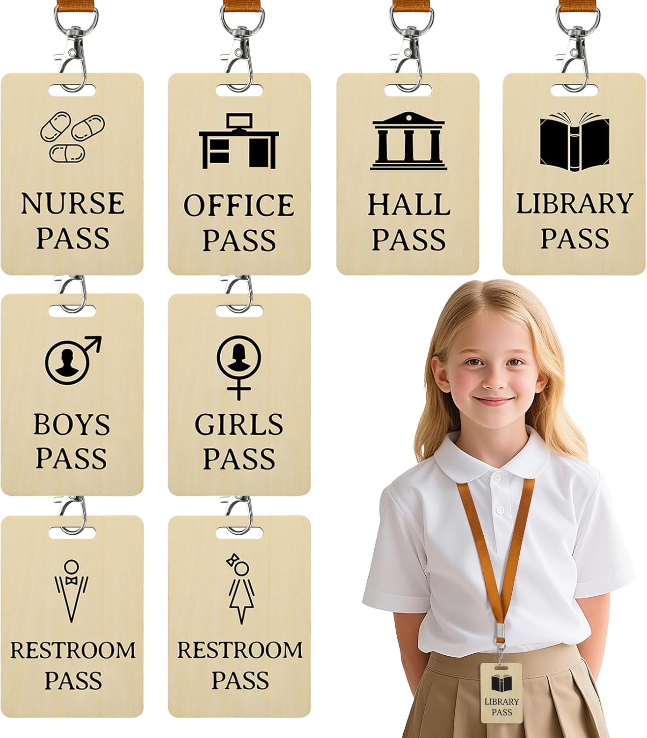 Amazon.com: 8 Sets School Hall Pass Lanyards - Sturdy Wooden Passes for ...