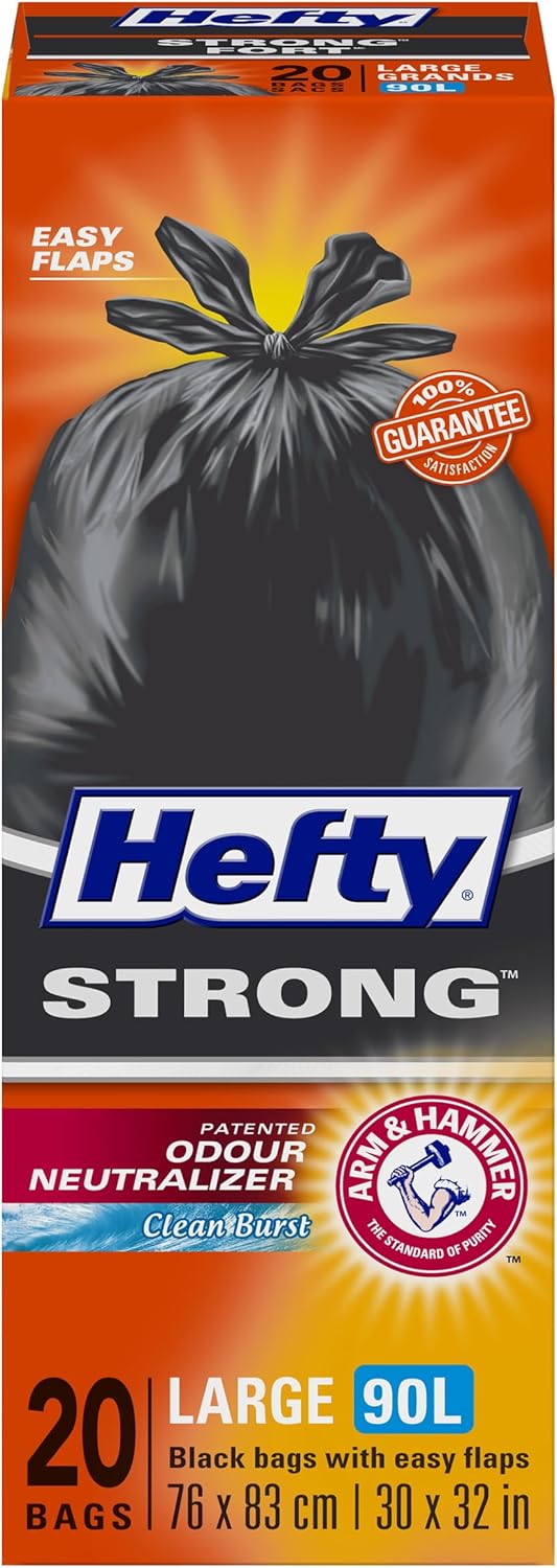 Hefty 20ct Black Garbage Bags Strong Large 90L, Easy Flaps, Arm ...