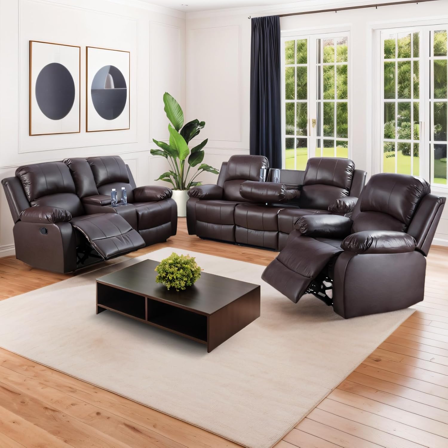 Amazon.com: Manual Leather Recliner Sofa Set 3-Piece Elegant Couch for ...