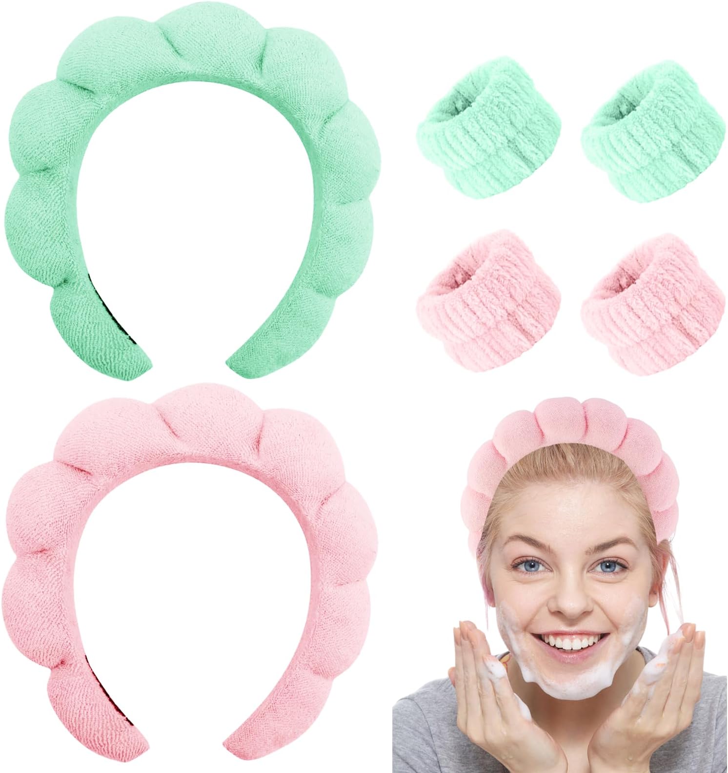 Amazon.com : Tihebax 6Pcs Skincare Headbands and Wristbands Set - Pink ...
