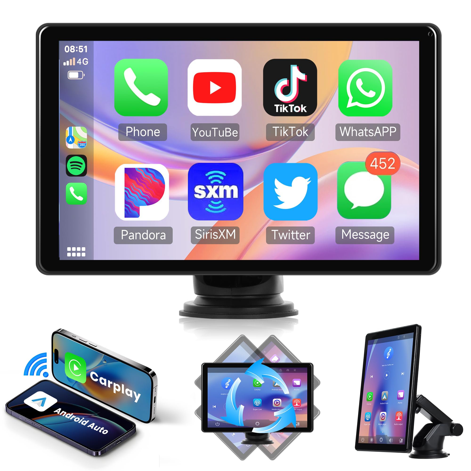 Portable Car Stereo Wireless Carplay 8 Inch Vertical Rotatable Screen ...