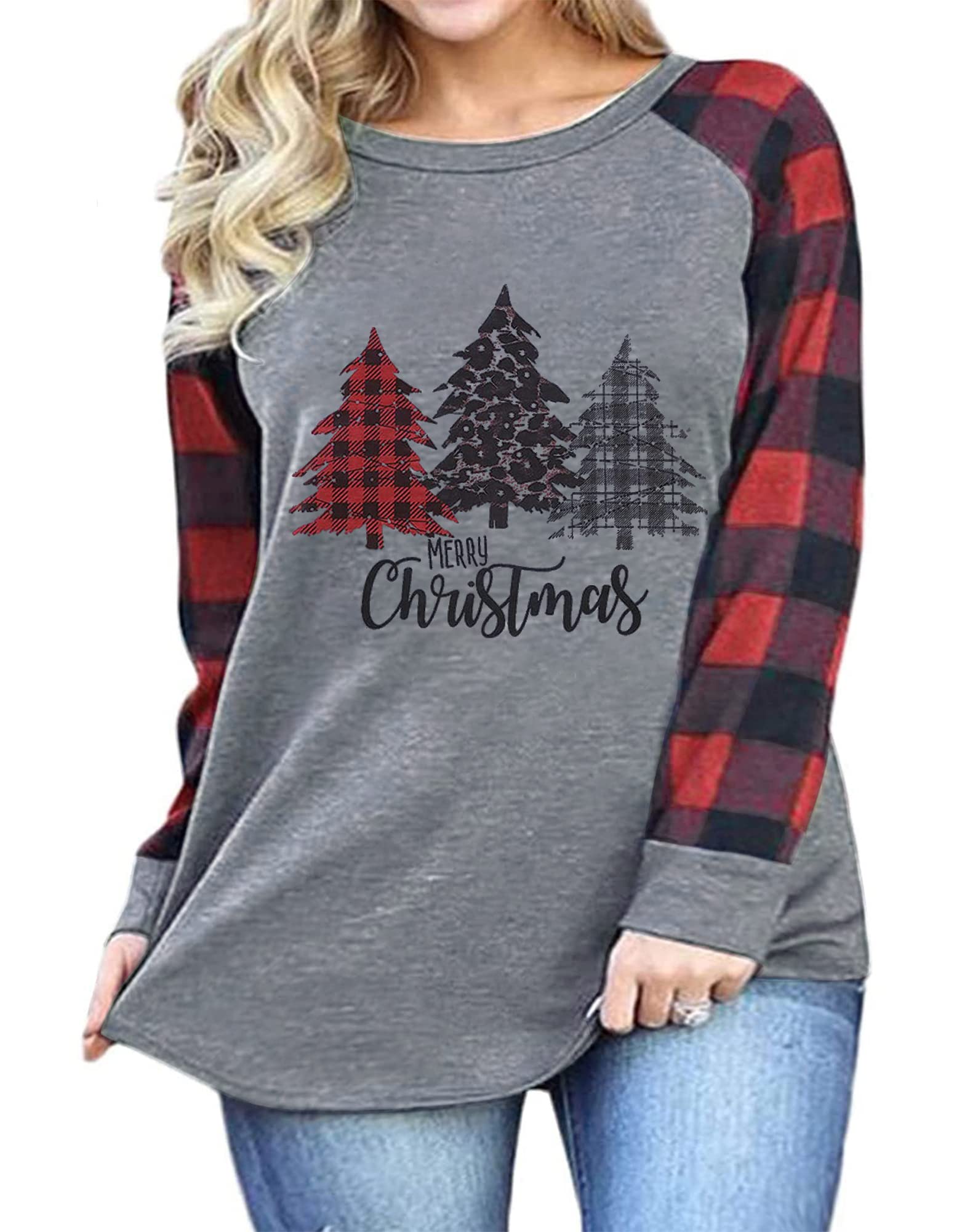 Plus Size Christmas Shirts Women Merry Xmas Tree Print T-Shirt Long ...