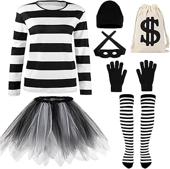 Amazon.com: Hillban 7 Pcs Halloween Women's Robber Costume Set, T Shirt ...