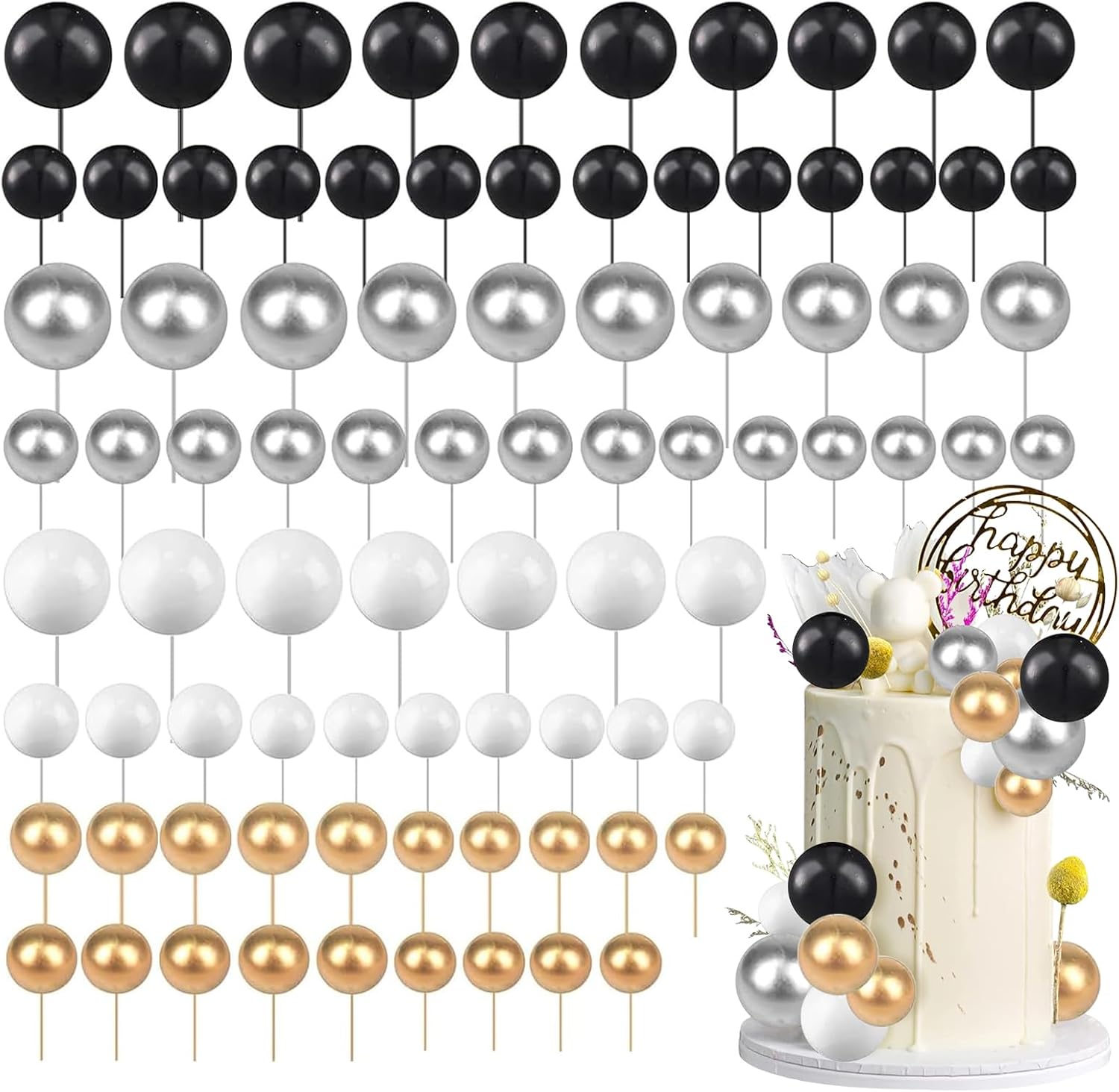 YQWIN 108 Pcs Balls Cake Topper Balloons Cupcake Toppers Foam Cake ...
