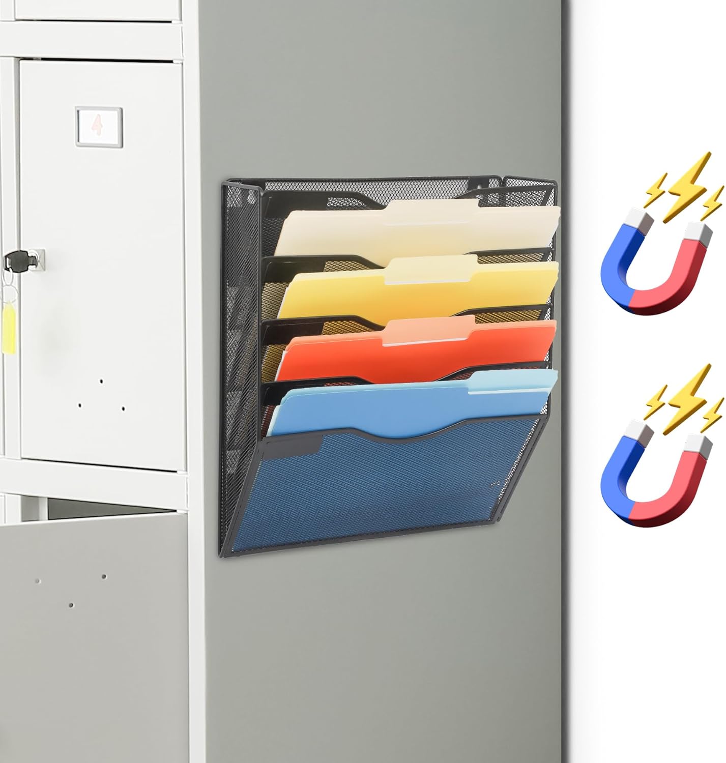 EASEPRES Magnetic 5 Pocket Mesh Hanging File Organizer, Wall Mounted ...