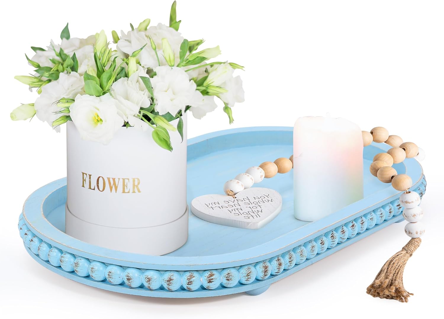 Amazon.com: HPC Decor 15in Oval Light Blue Wood Beaded Tray for Home ...