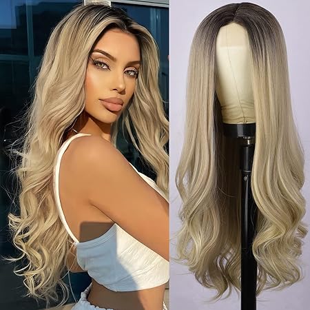 Amazon.com : NAYOO Long Ombre Blonde Wavy Wig for Women 26 Inch Middle Part Curly Wavy Wig ...