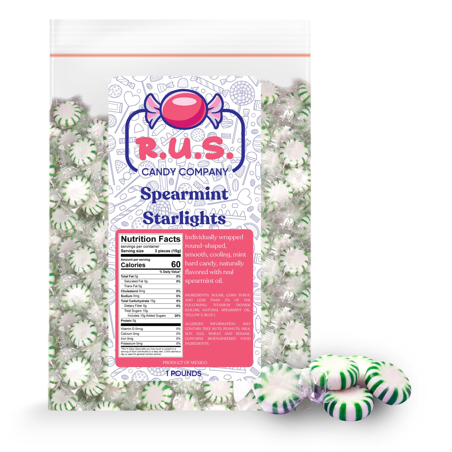 Amazon.com : R.U.S. Candy Company Spearmint Starlite Candy - 1 Pound ...