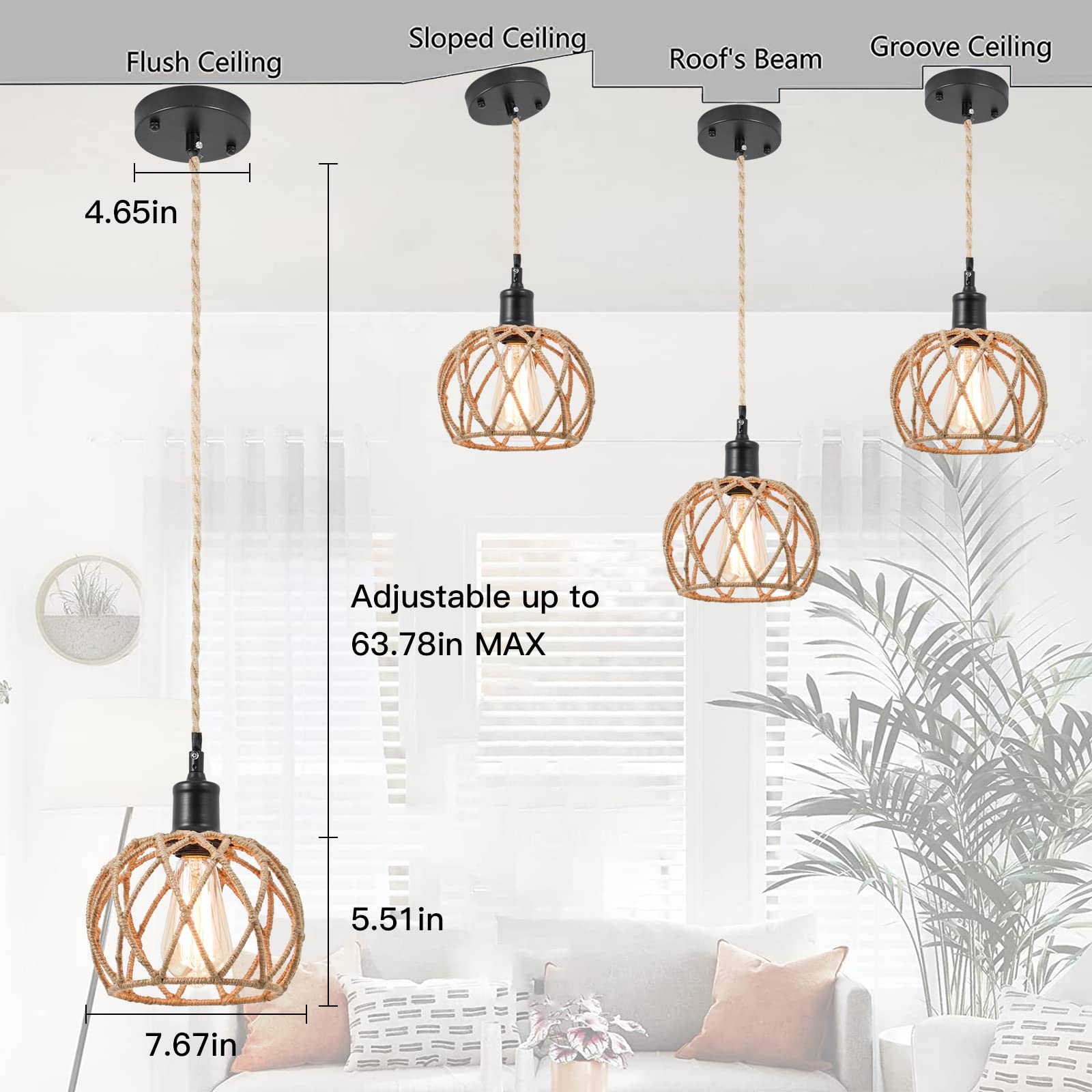 Boho Rustic Industrial Woven Pendant Light, Hand-Woven Rattan Hemp Rope ...