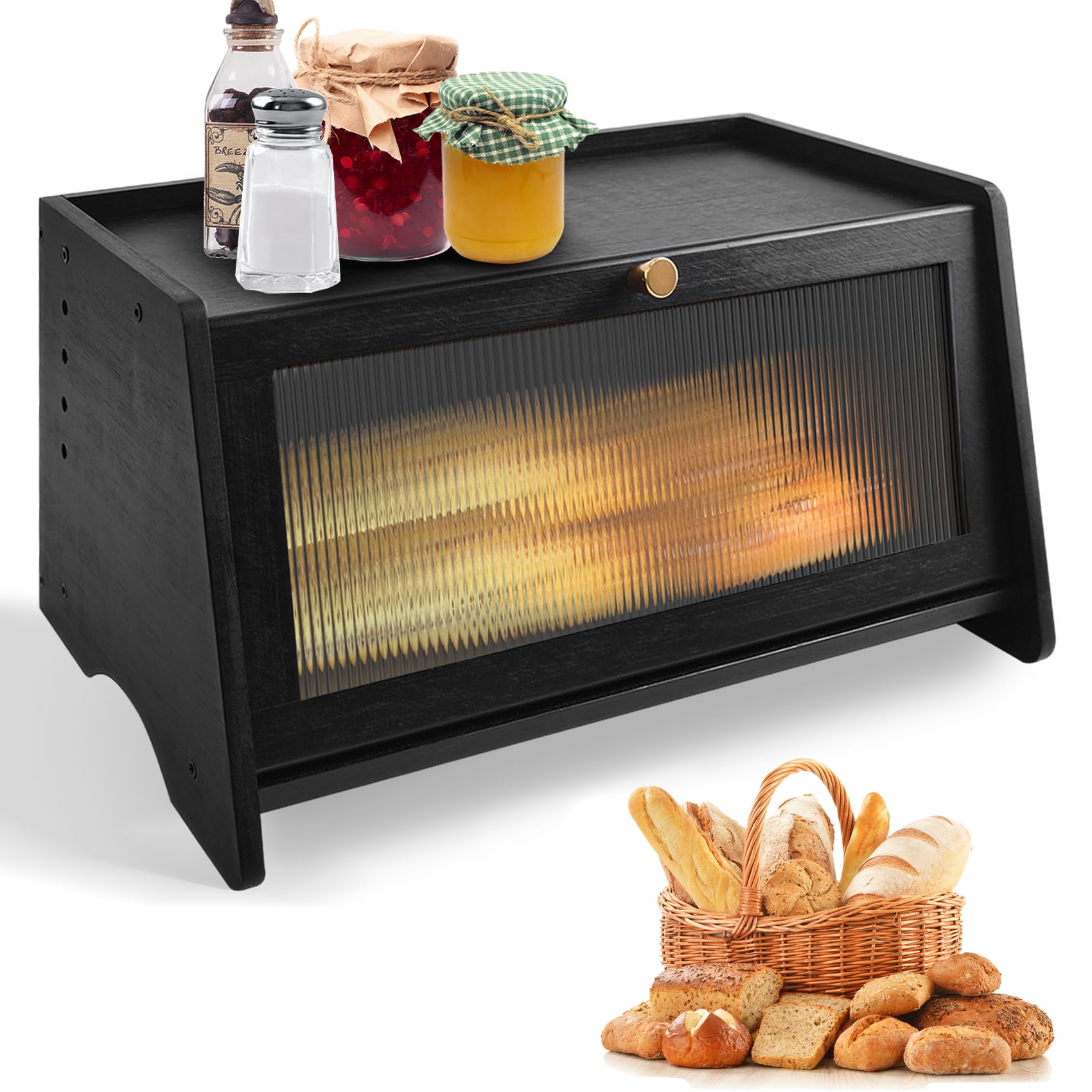 Black Bread Box for Kitchen Counter, Bread Storage Single Layer Bread ...