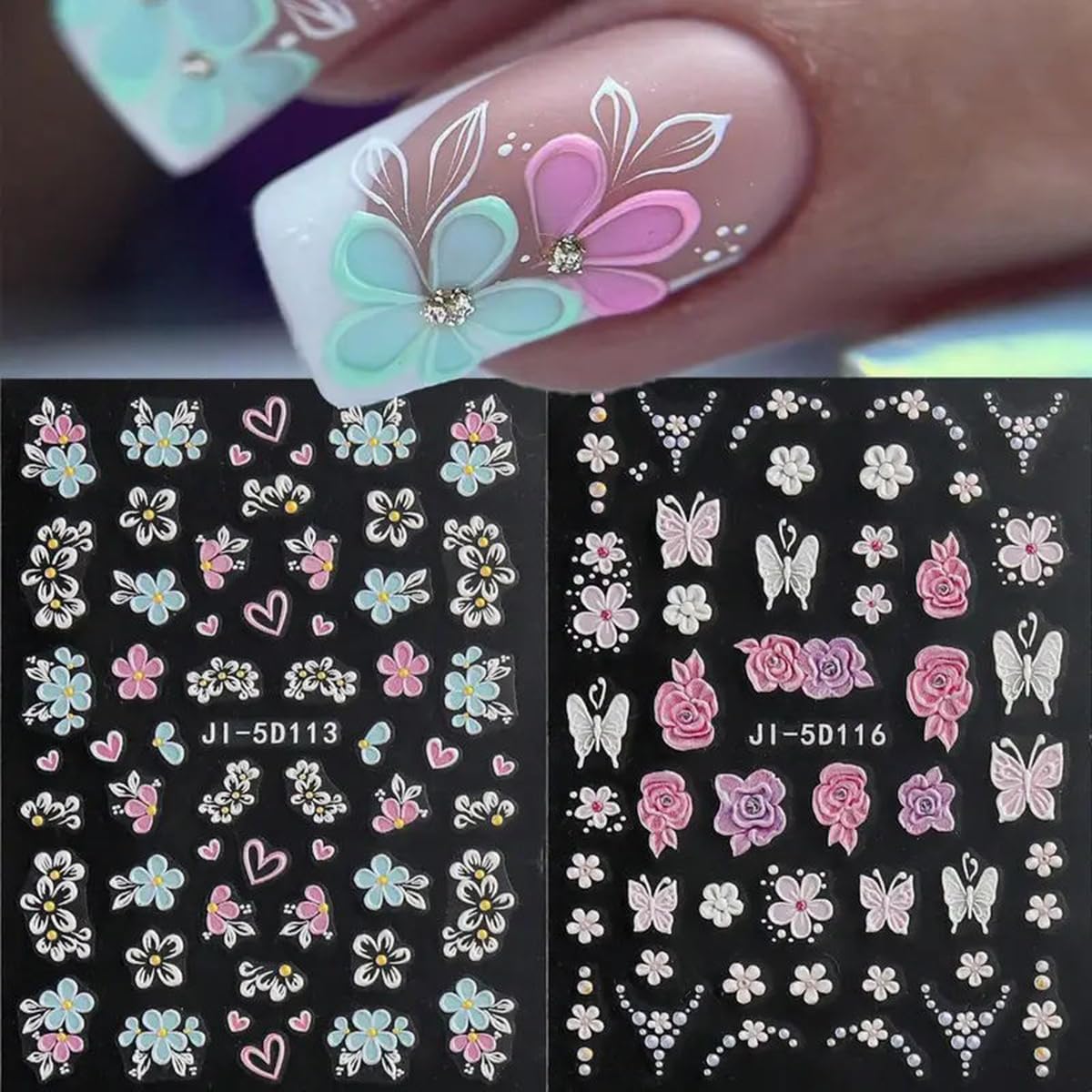 Amazon.com: Flower Nail Art Stickers Decals 5D Embossed Flowers Nail ...