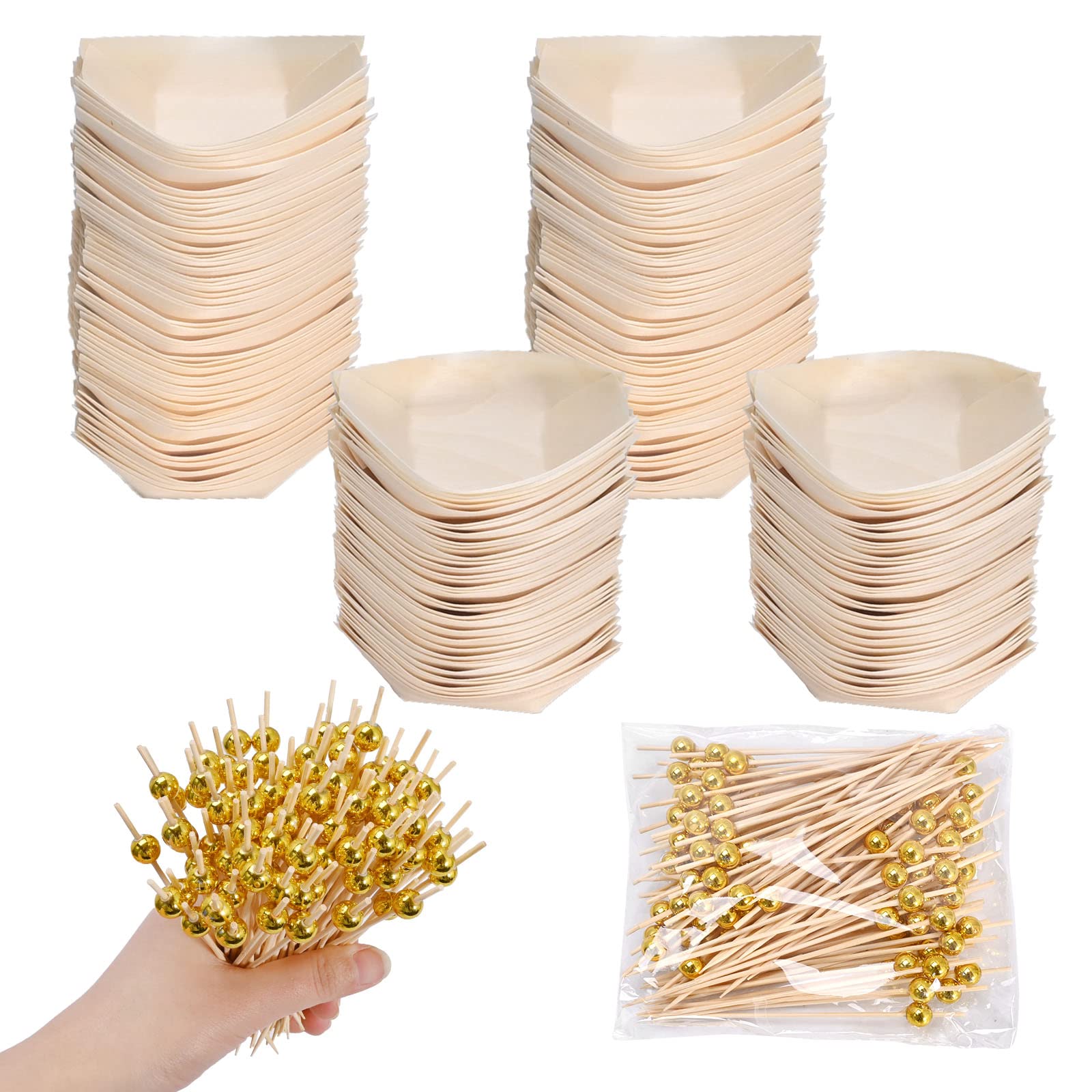 Vkinman 200 Pack Mini Disposable Dinnerware, 3'' Wood Boat Plates Bulk ...