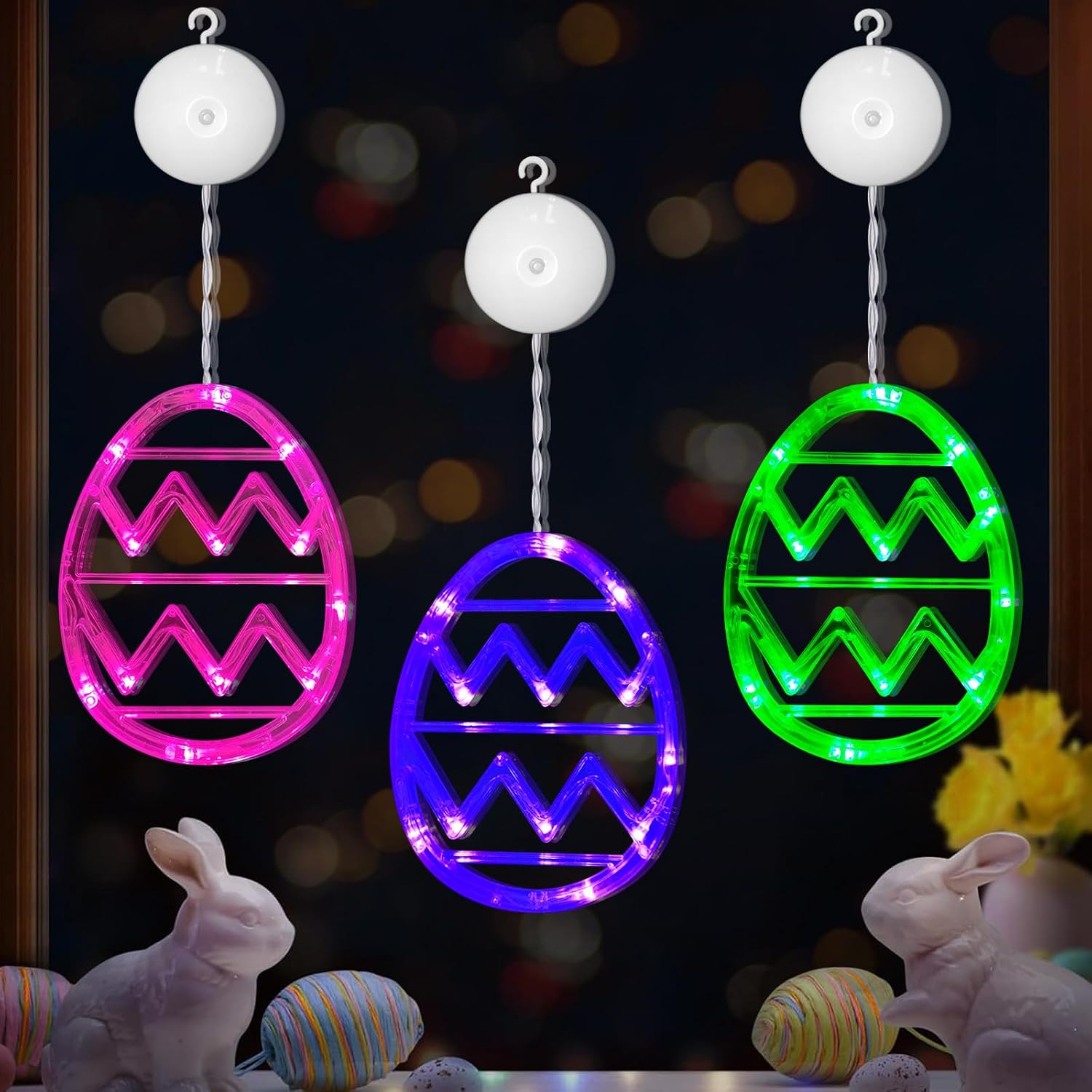 Amazon.com : Easter Decor Window Lights 3 Pack Green Blue Pink Egg ...