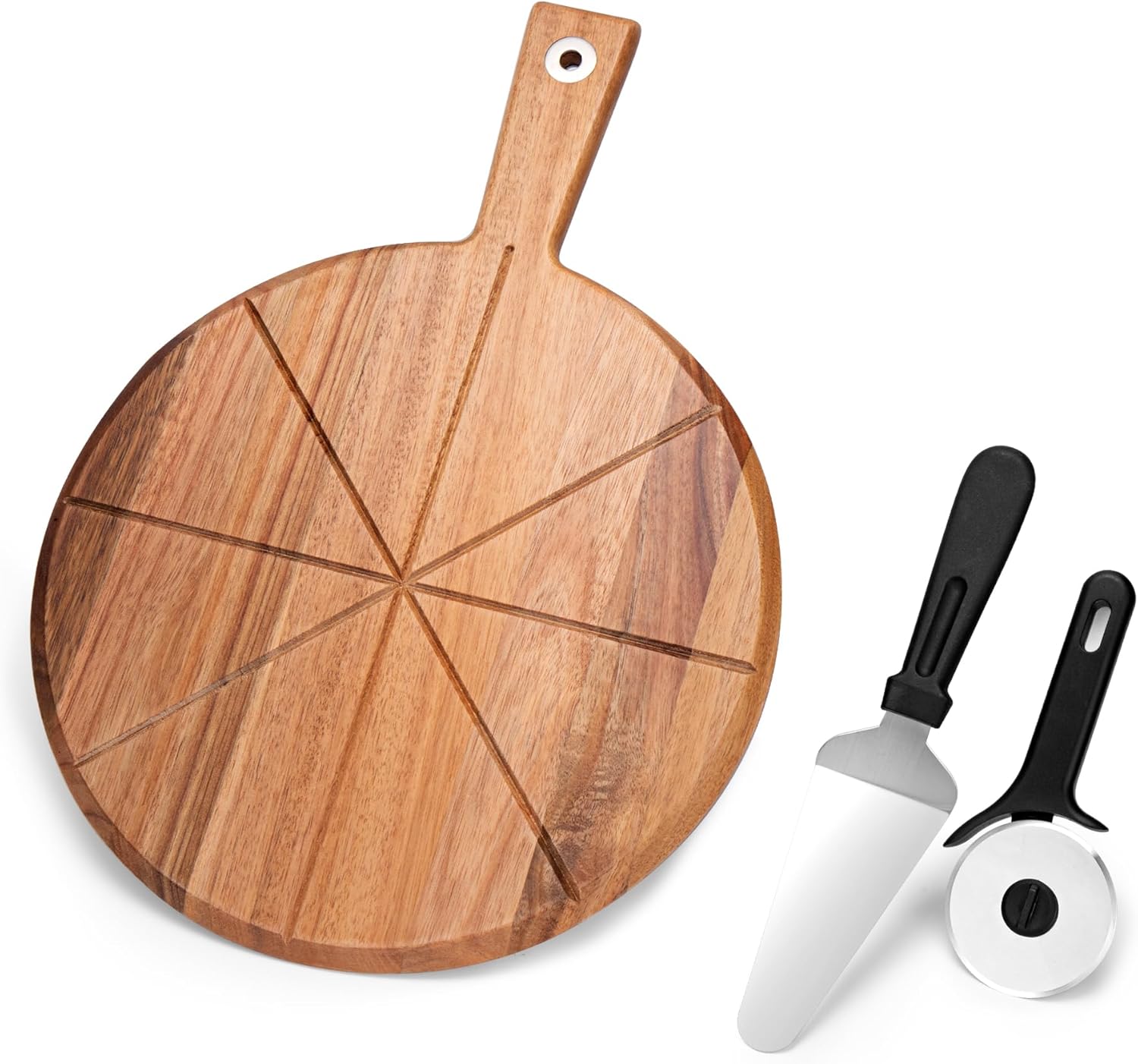 Acacia Wood Pizza Board, 12 inch Pizza Board Set with Pizza Cutter and ...