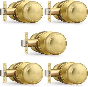 Probrico Brushed Brass Passage Door Knobs Round Handles for Hall or Closet, Keyless Interior ...