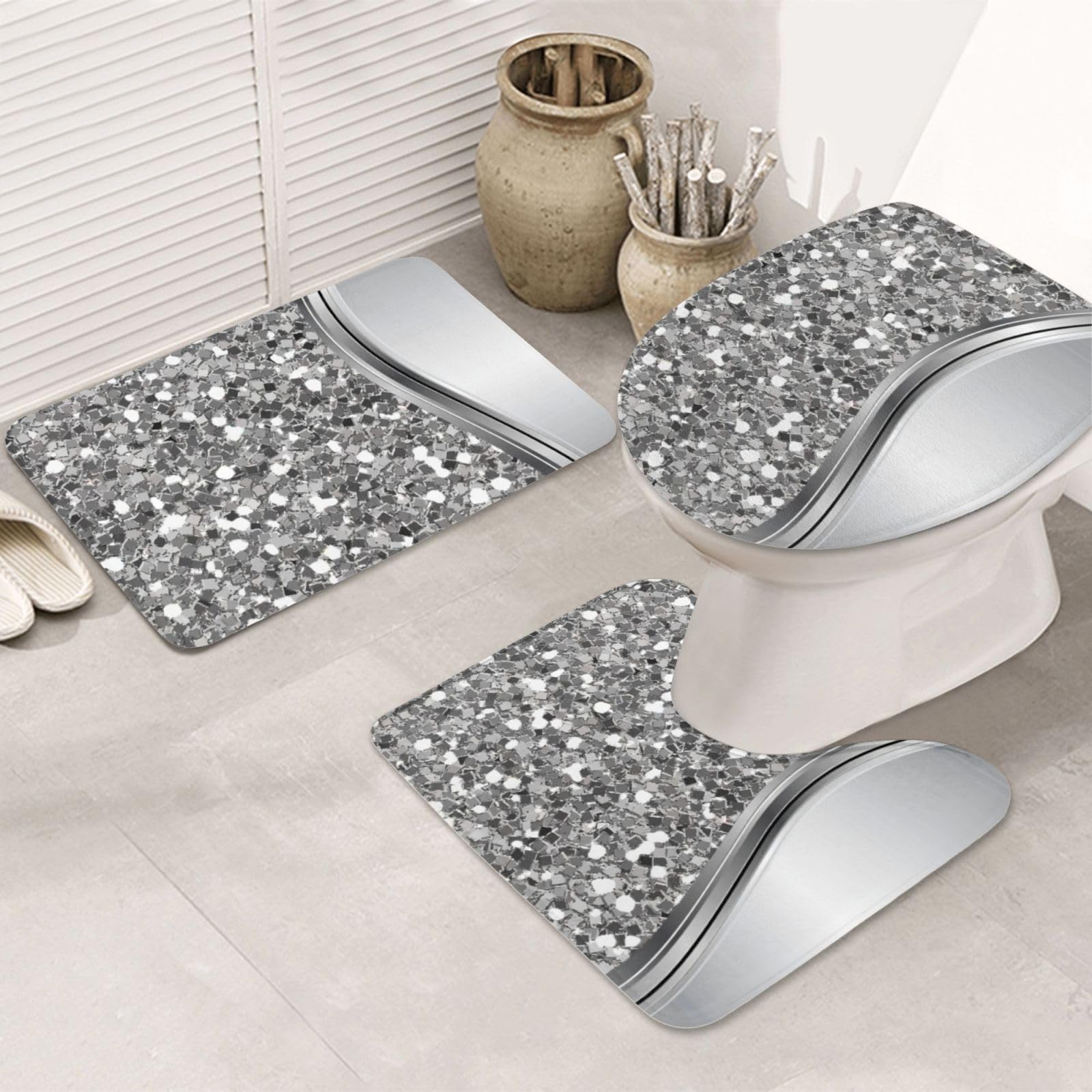 Amazon.com: CLaLoc Silver Faux Glitter Glam Bling Bathroom Rugs 3-Piece ...