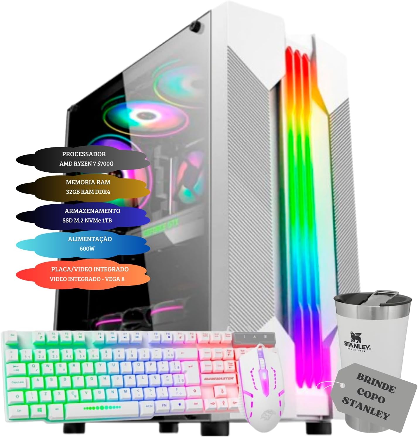 PC Gamer DreamComputers White Amd Ryzen 7, Vega 8, 32GB DDR4, SSD 1TB ...